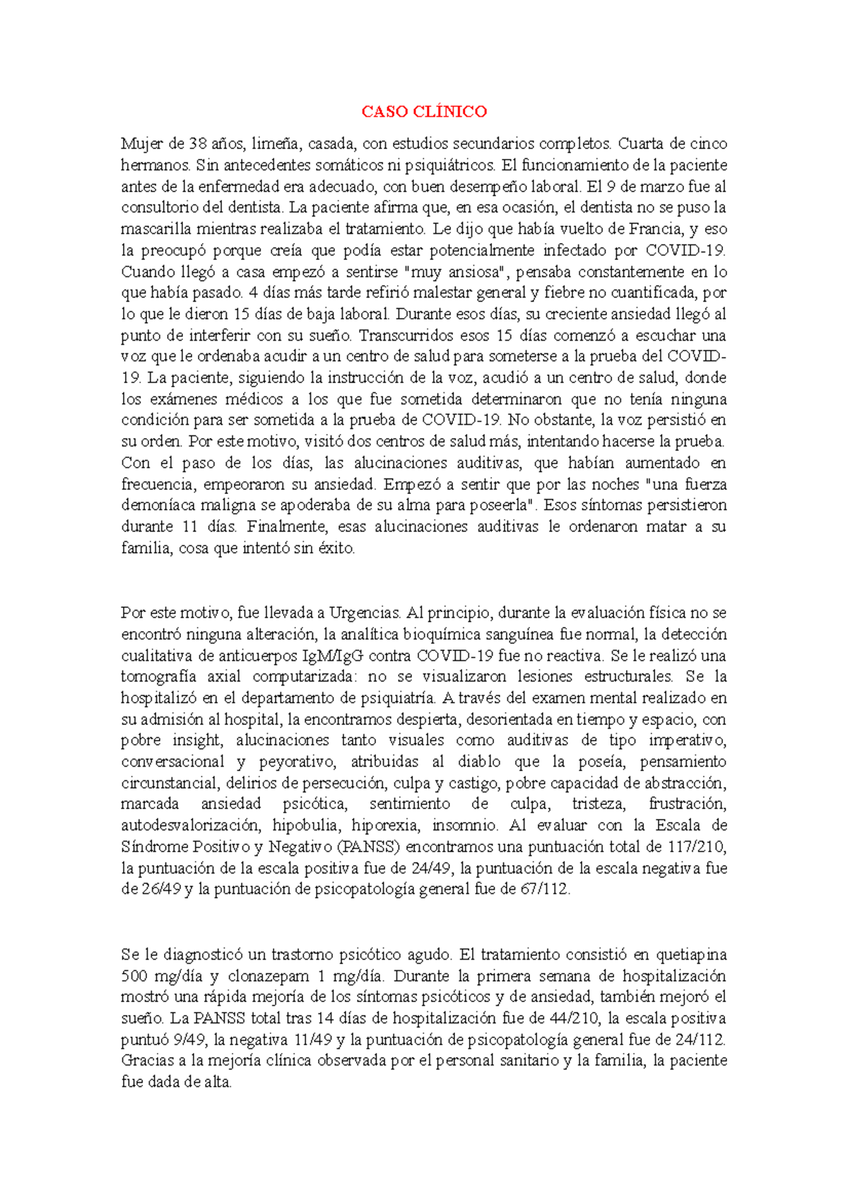 Caso Clínico: Psicosis Aguda en Mujer de 38 Años - Análisis y ...