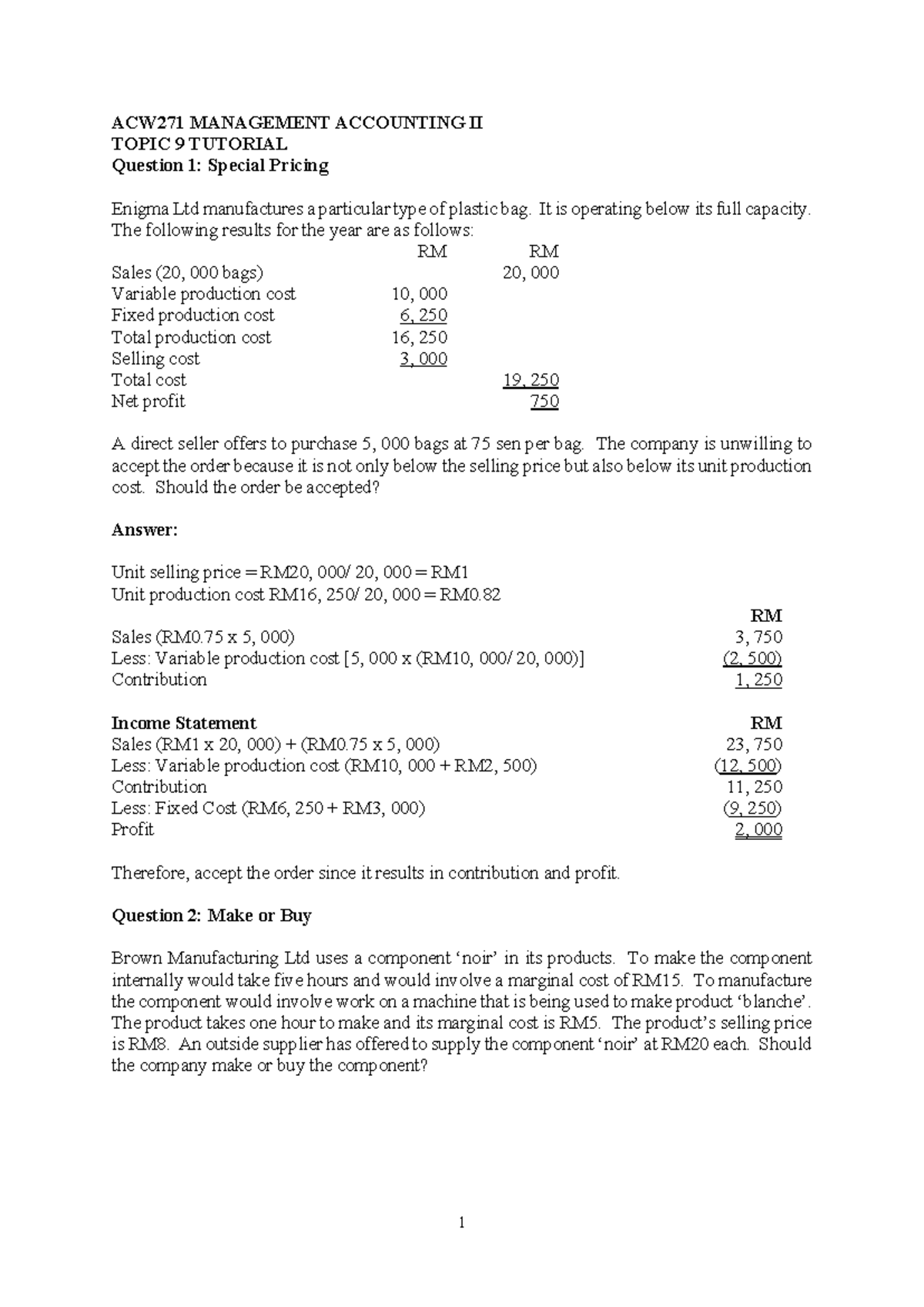 ACW271 Topic 9 Tutorial 2025-Answers - ACW271 MANAGEMENT ACCOUNTING II ...