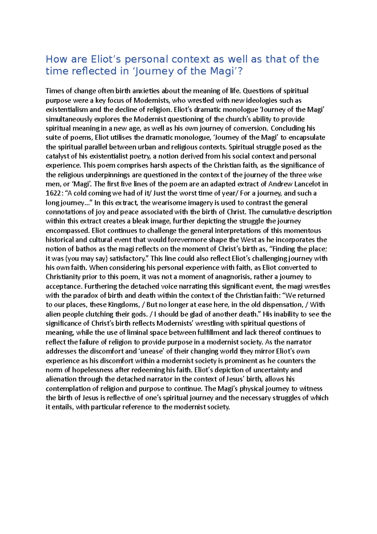 Eliot's 'Journey of the Magi': Context and Spiritual Reflection Essay ...