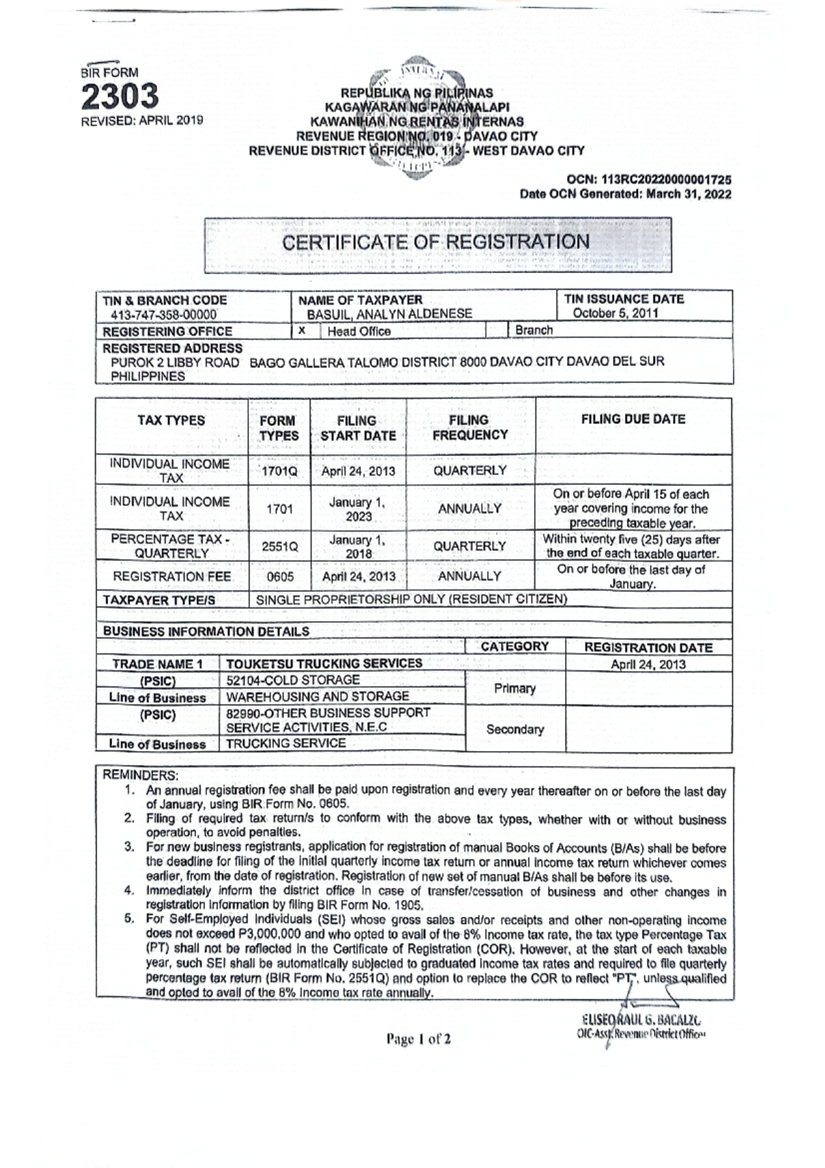 Touketsu Trucking Services Certificate of Registration (COR) Details ...