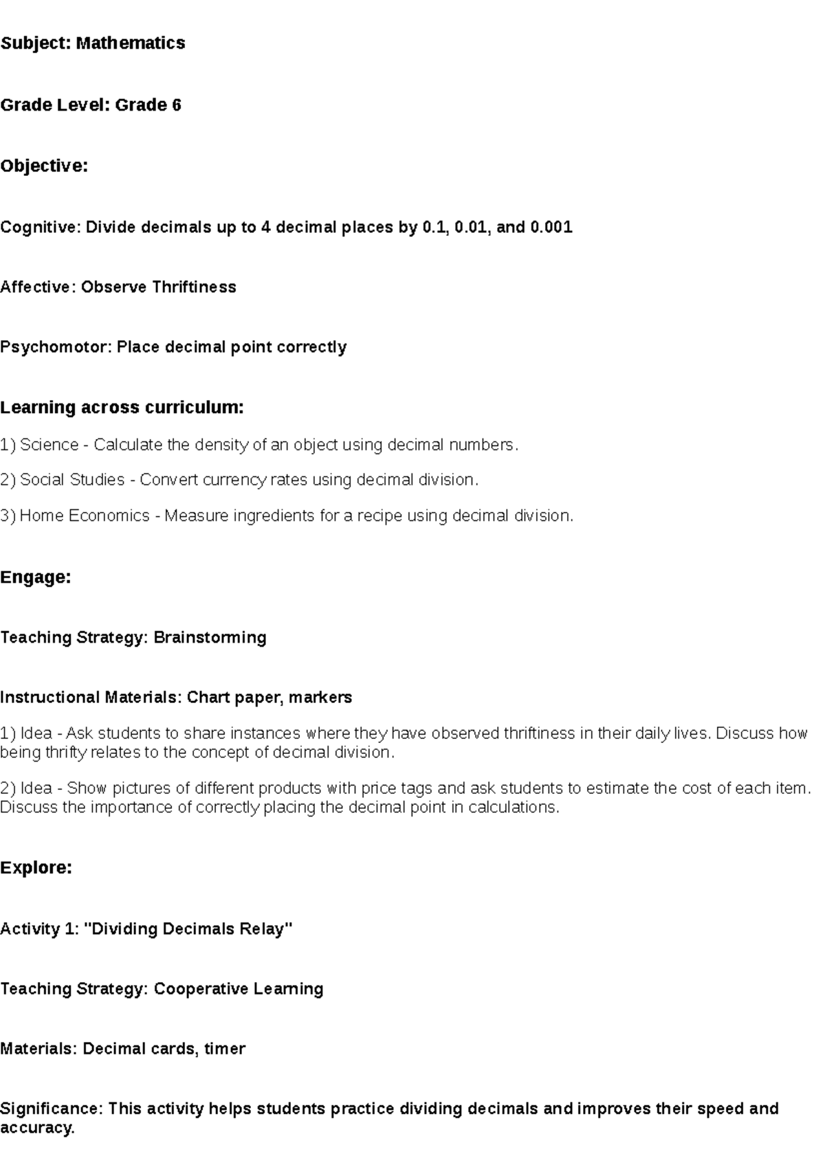 Mathematics Lesson Plan for Grade 6: Dividing Decimals Mastery - Studocu