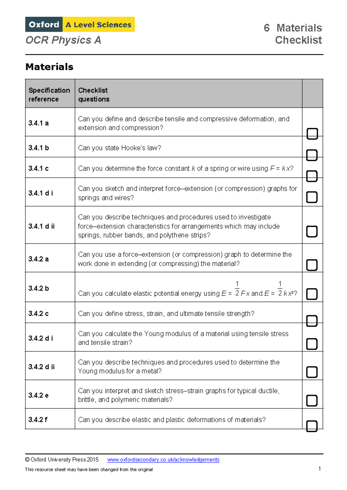 6 Materials Checklist for OCR Physics A: Deformation & Energy Concepts ...