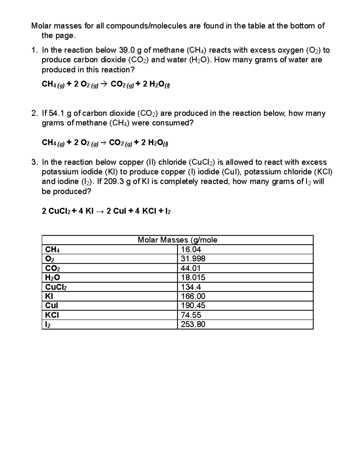 Stoichiometry Practice (Gram to Gram) for Chemistry 101 - Studocu