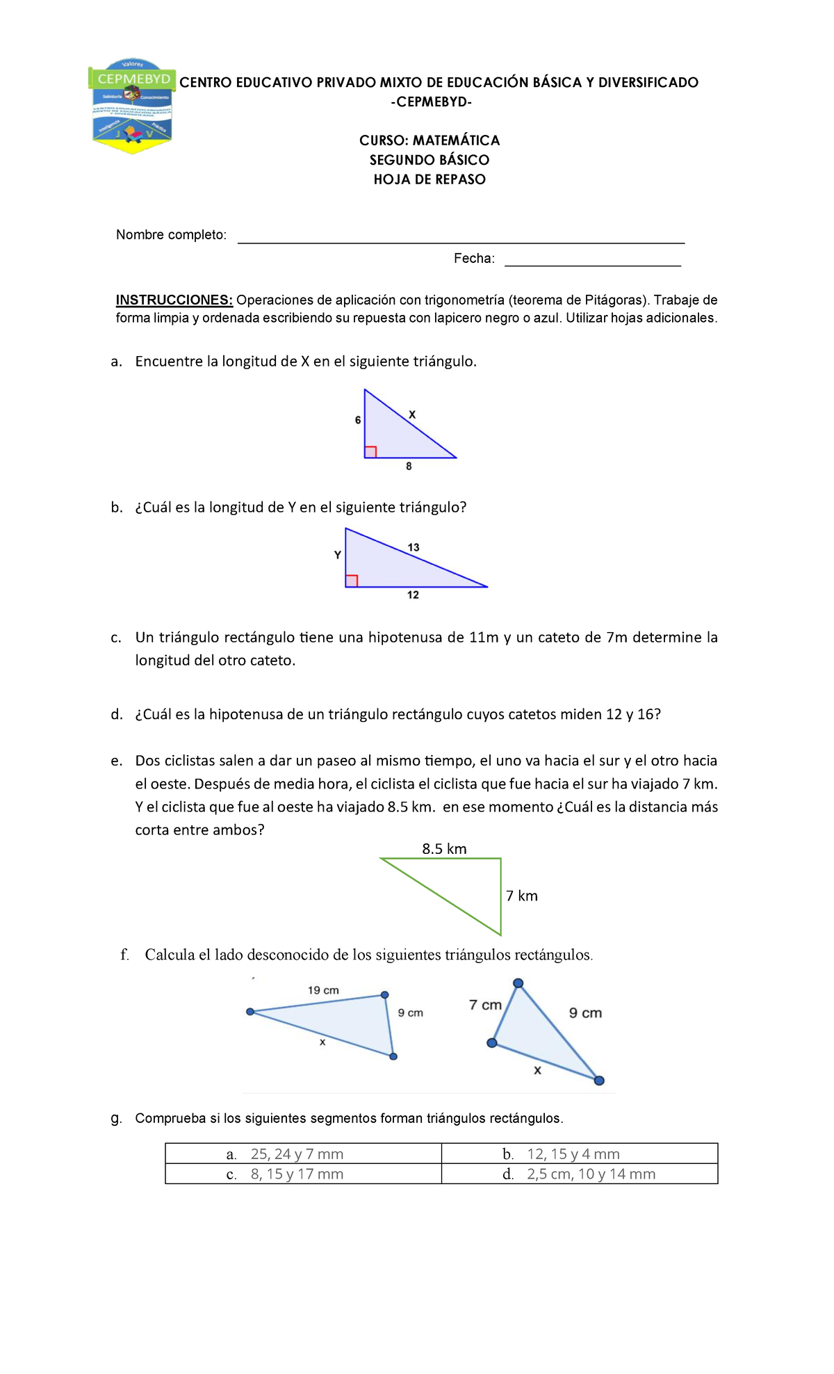 Repaso de Matemáticas 2° Básico: Teorema de Pitágoras - Studocu