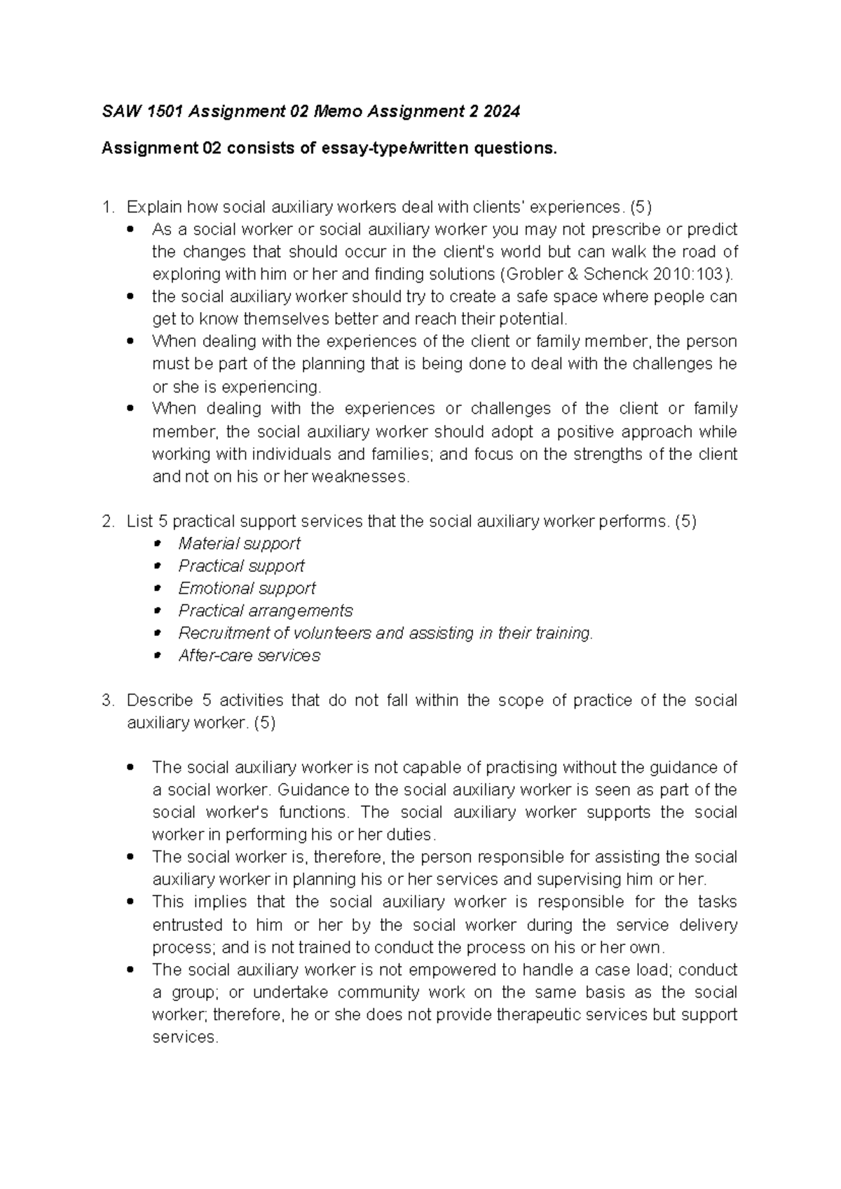 SAW 1501 Assignment 2 Memo 2024 - Social Auxiliary Worker Insights ...