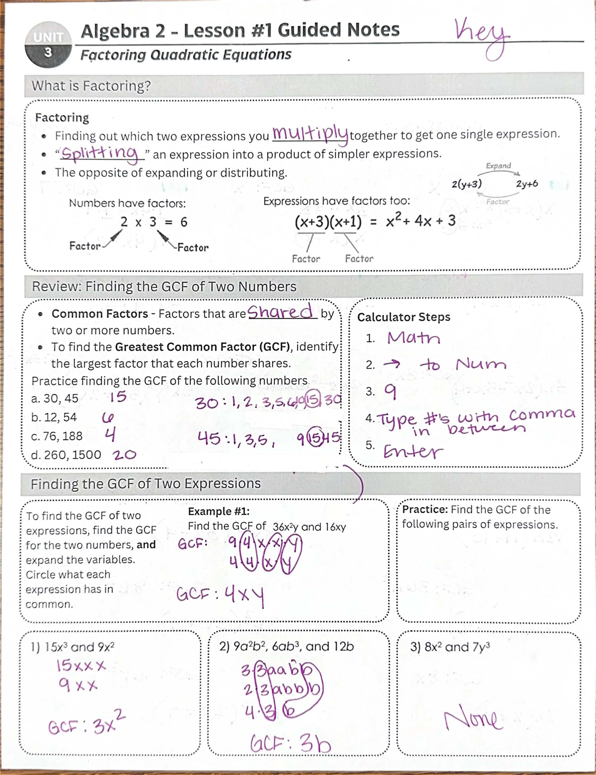 Algebra 2 (i.d.260,1500) Lesson Notes: Factoring Quadratic Equations ...