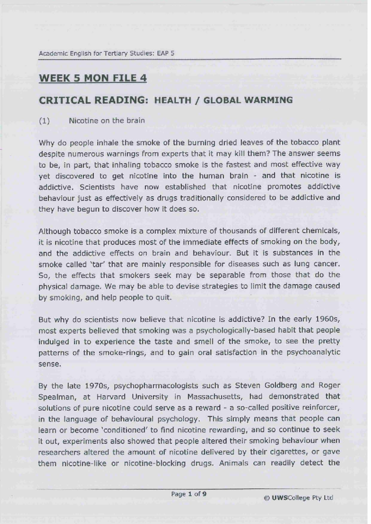 EAP5 Week 5 Mon F4 - Critical reading Health, Global warming - No ...
