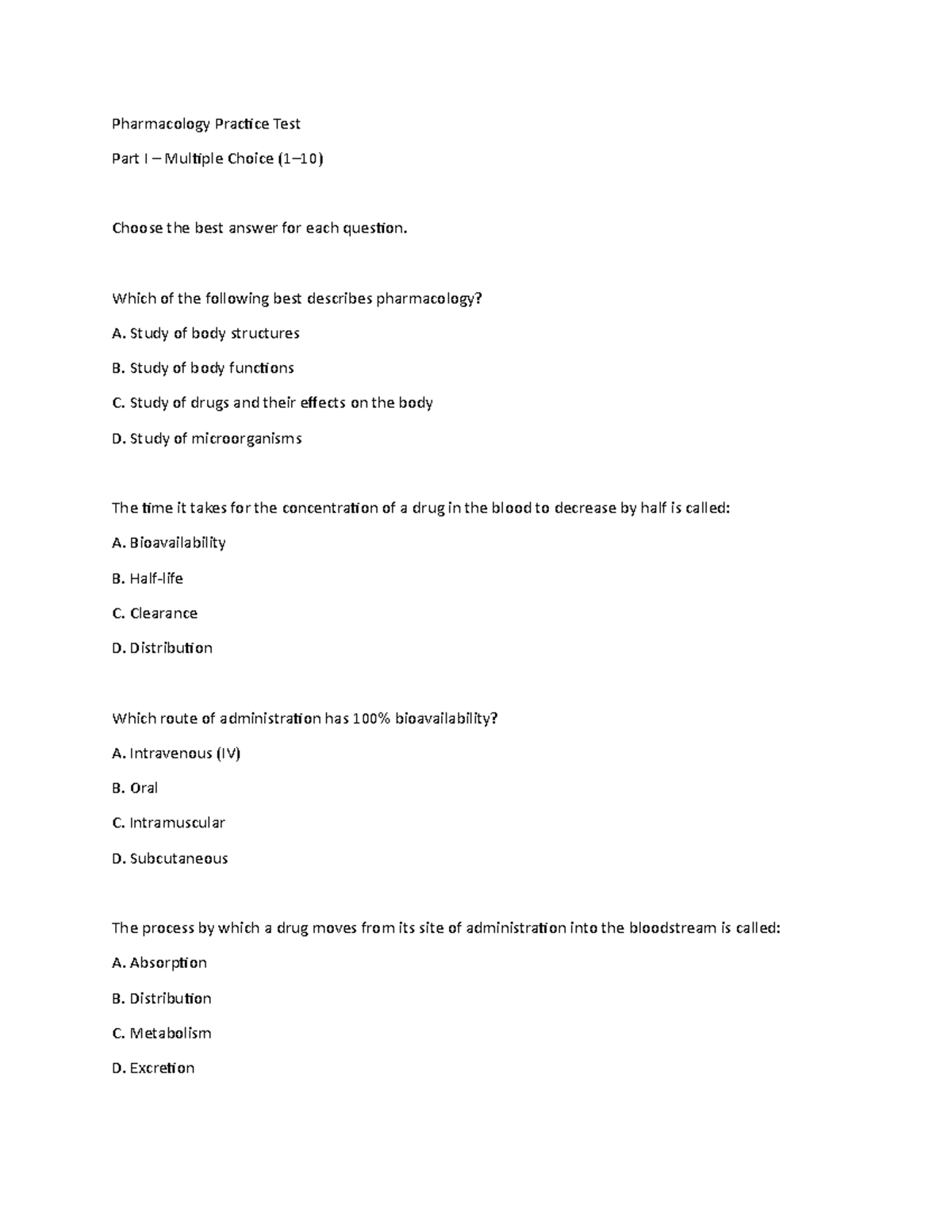Pharmacology Practice Test Part I: Multiple Choice Questions - Studocu