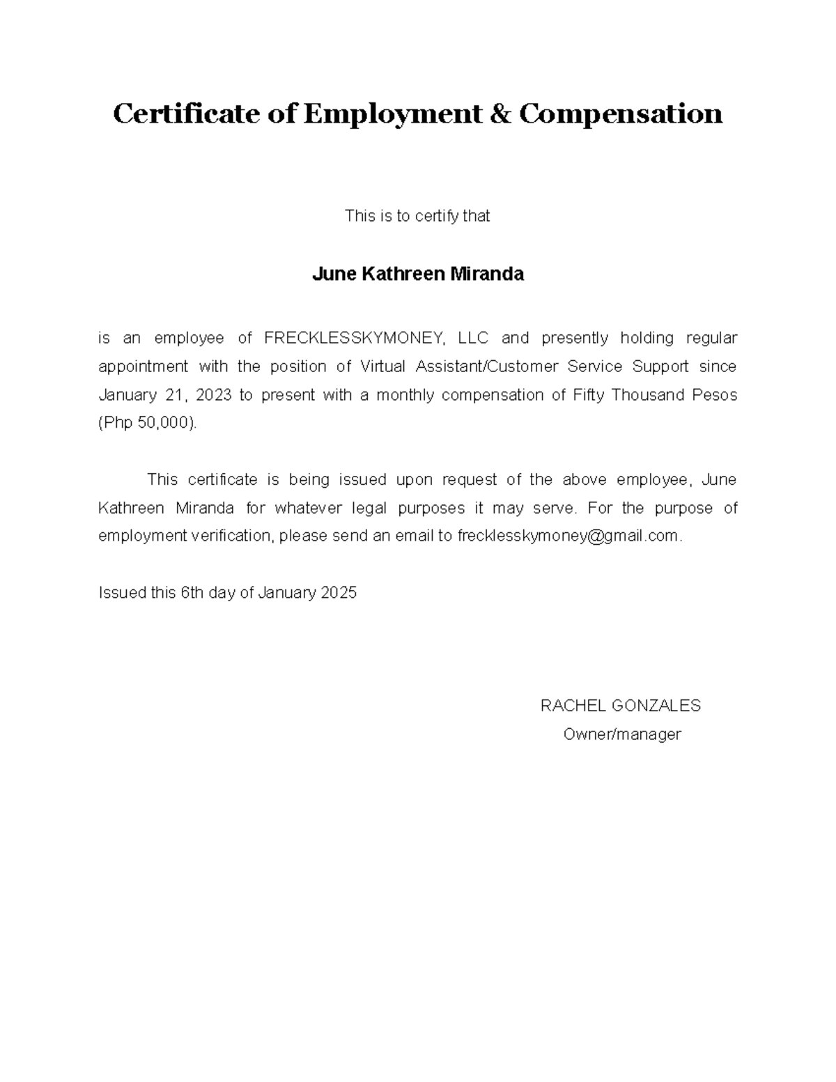 Certificate of Employment & Compensation - Certificate of Employment ...