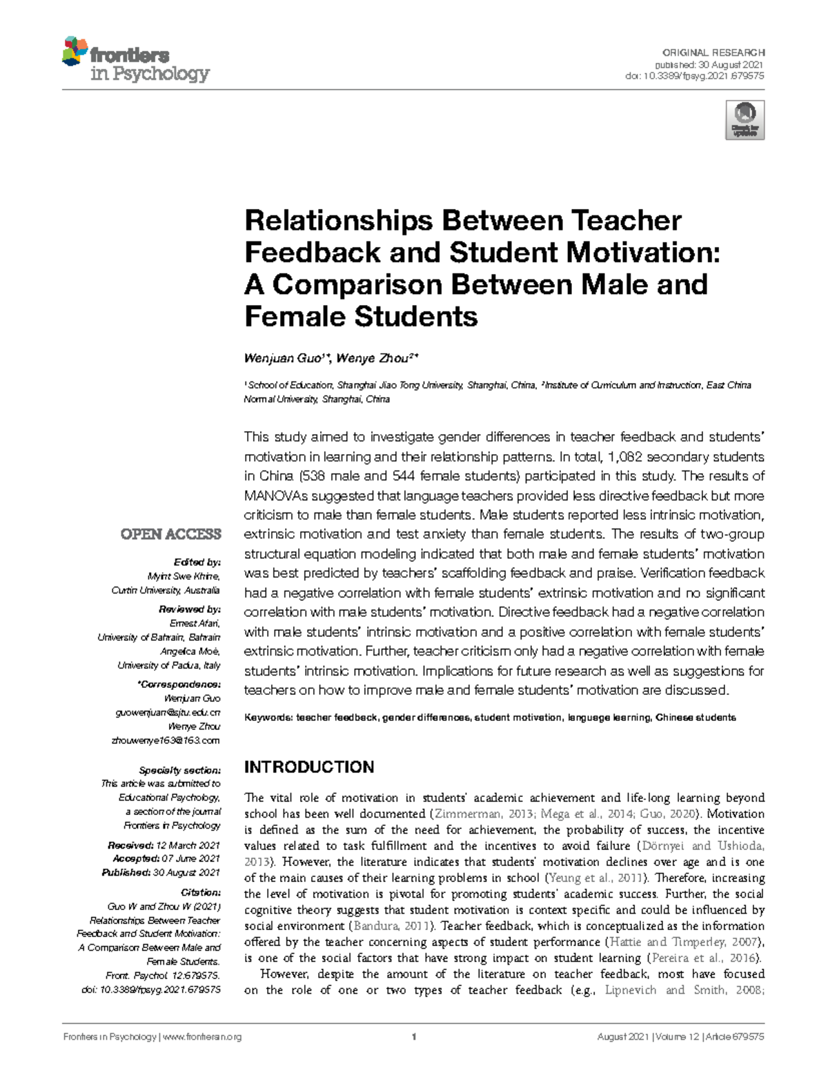 Gender Differences in Teacher Feedback and Student Motivation (EDU 2021 ...