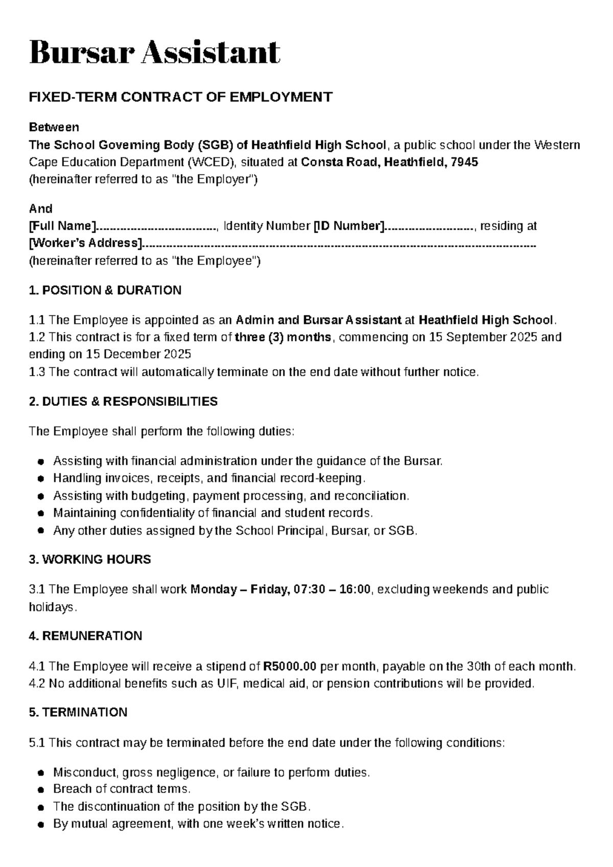 Bursar Assistant Employment Contract - Heathfield High School - Studocu