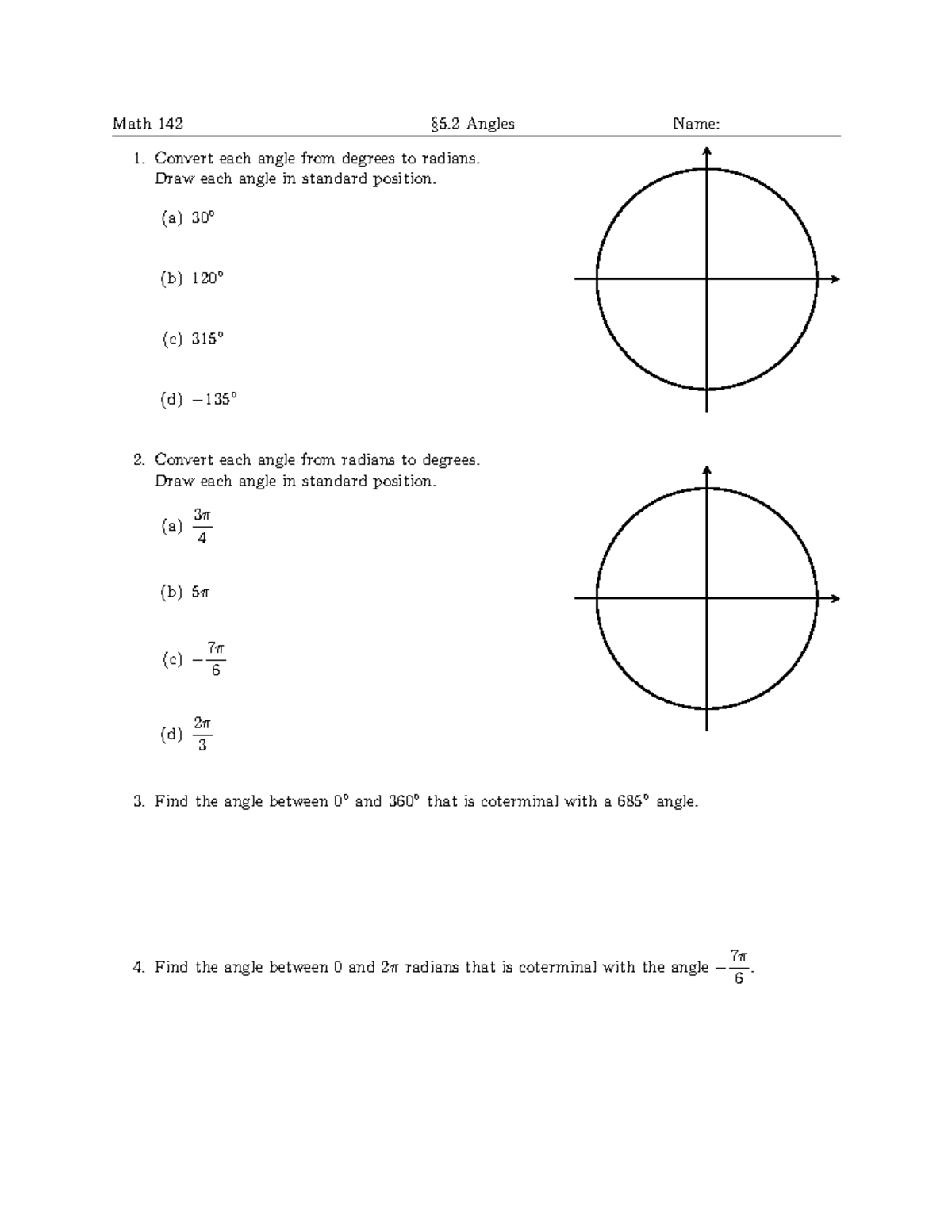 MATH142-Angles - Practice - Convert each angle from degrees to radians ...