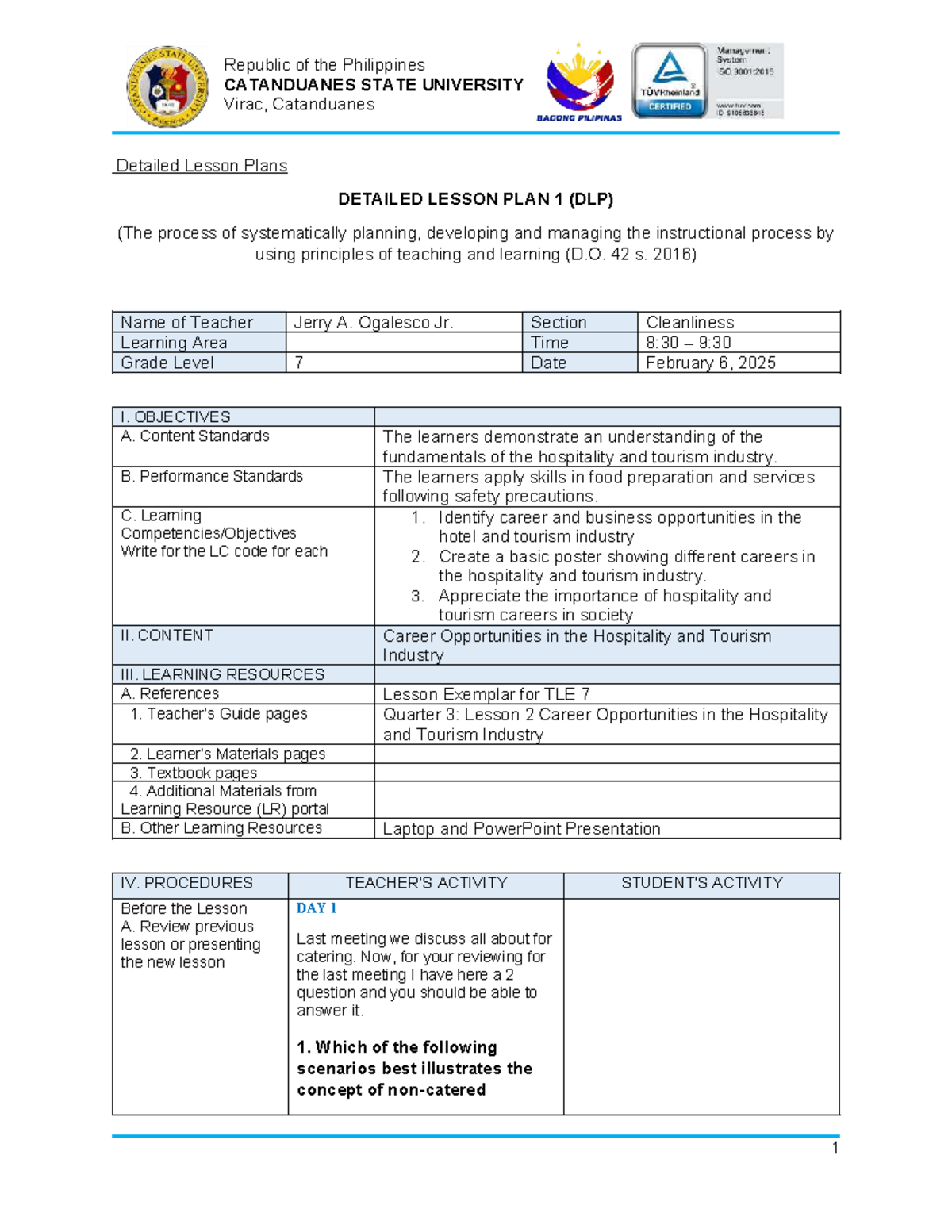 Educ-414-Detailed-Lesson-Plans-for-Hospitality-and-Tourism - Studocu