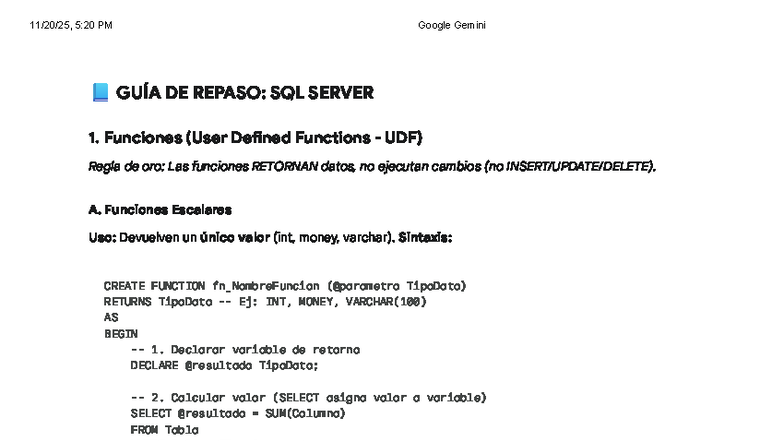 GUÍA DE REPASO: SQL SERVER 1 - Funciones y Procedimientos UDF (5:20 PM ...