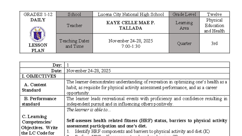 DLP 1 Q3 Lesson 1: Understanding HRF Barriers in PE Grade 12 - Studocu