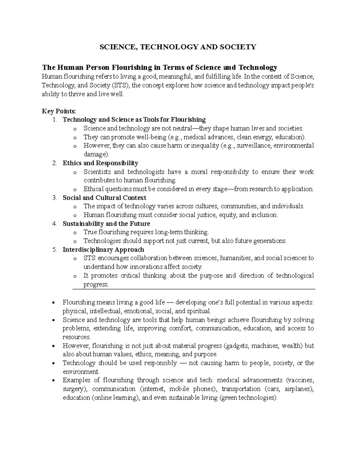 STS 101: Human Flourishing Through Science and Technology - Key Concepts and - Studocu
