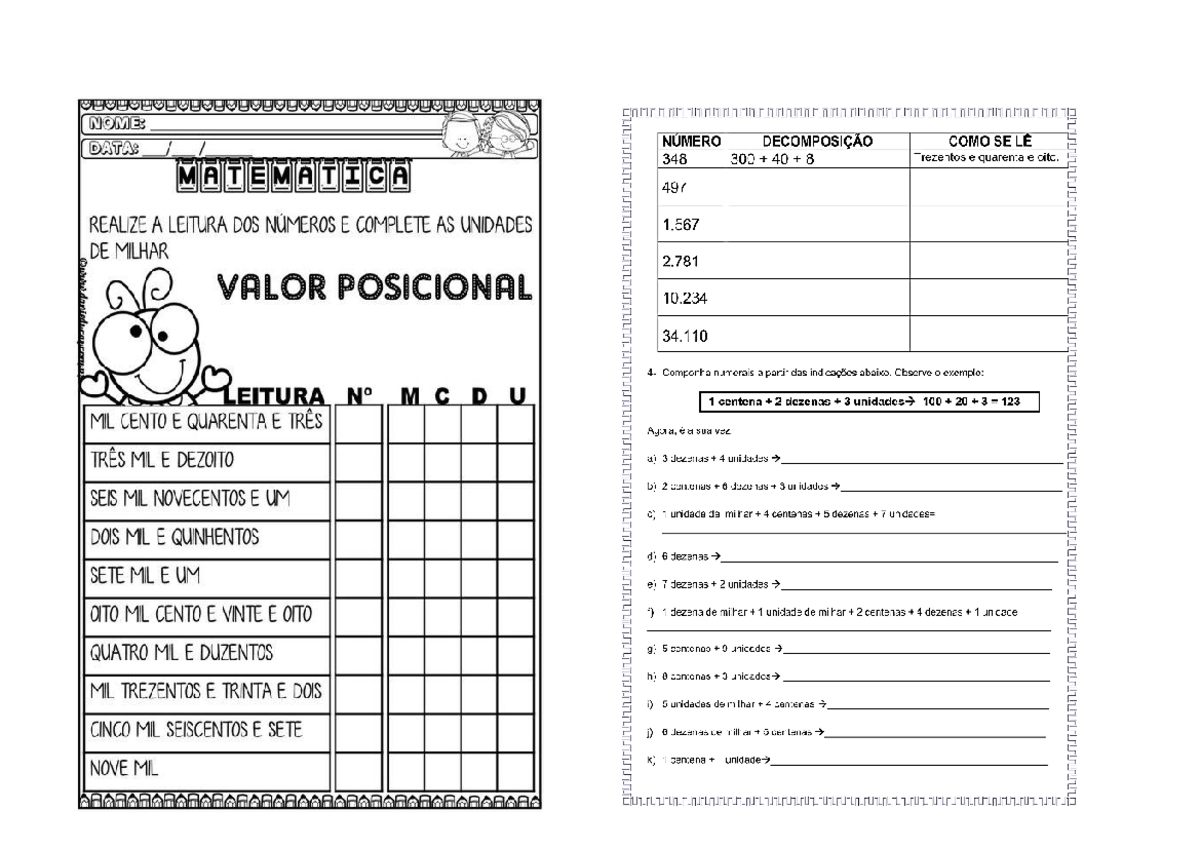 Numerais - Treino numerico - NOME: DATA: NÚMERO DECOMPOSIÇÃO COMO SE LÊ ...