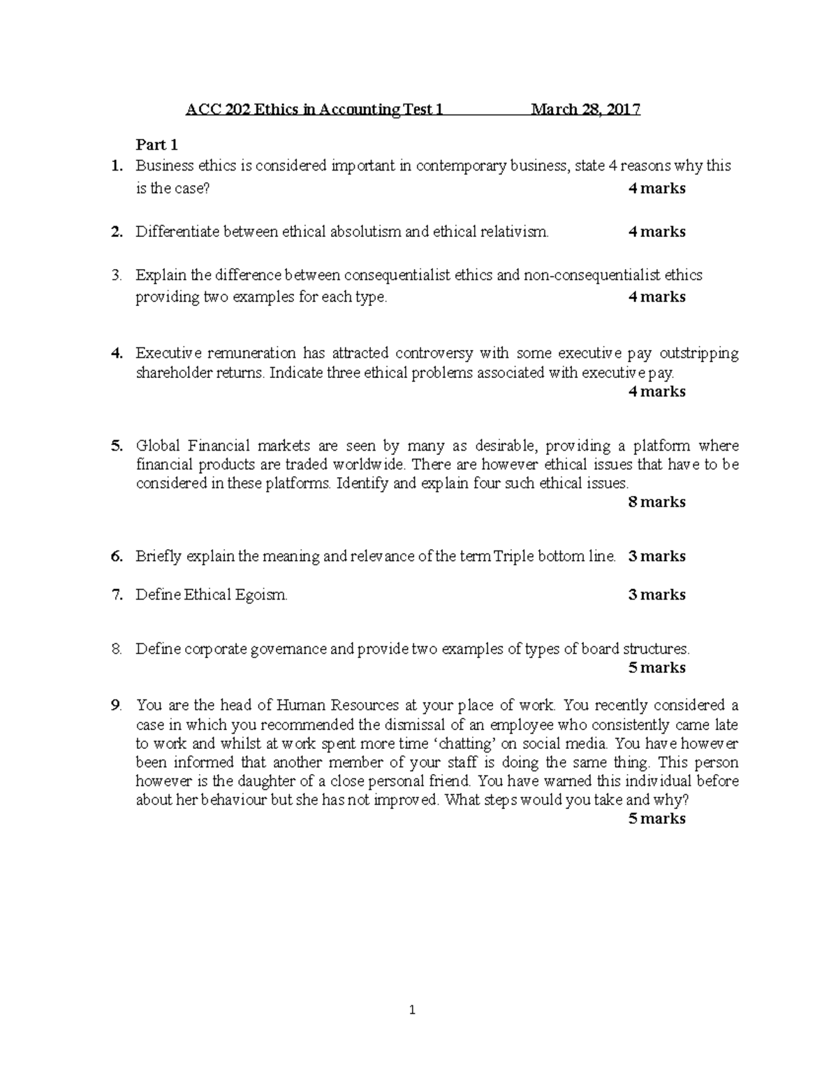 ACC202 Test 1 March - ACC 202 Ethics in Accounting Test 1 March 28 ...