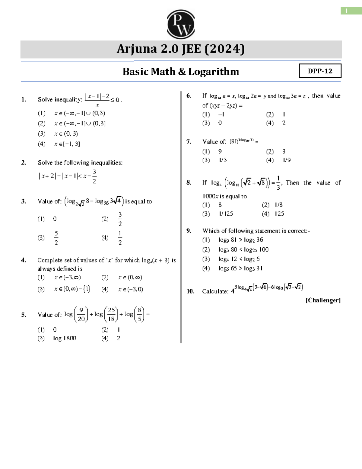 Basic Math & Logarithm DPP 12 (of Lec 14) Arjuna JEE 2.0 2024 - 1 ...