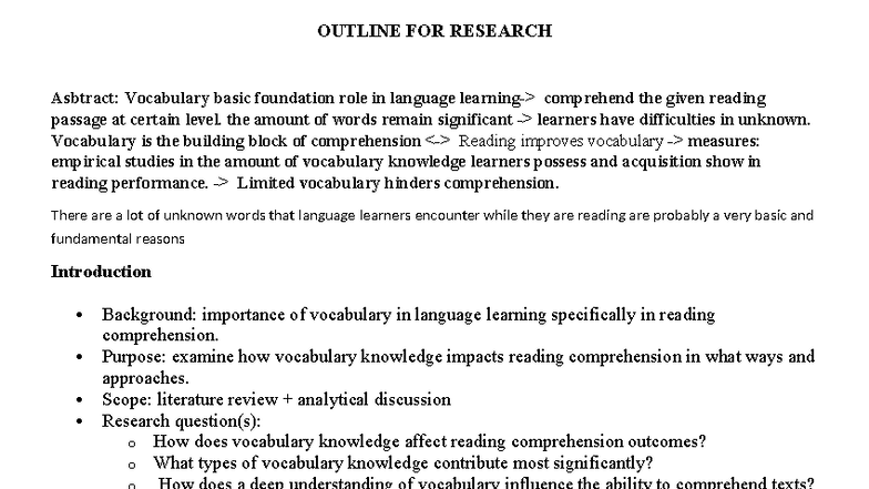 OUTLINE FOR RESEARCH: Vocabulary's Role in Reading Comprehension - Studocu