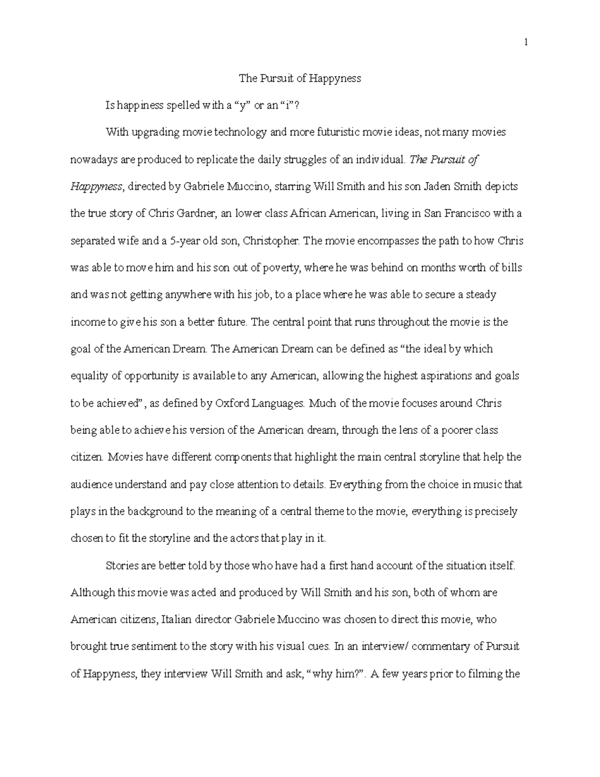 Essay 2: Analysis of Happiness in "The Pursuit of Happyness" - Studocu