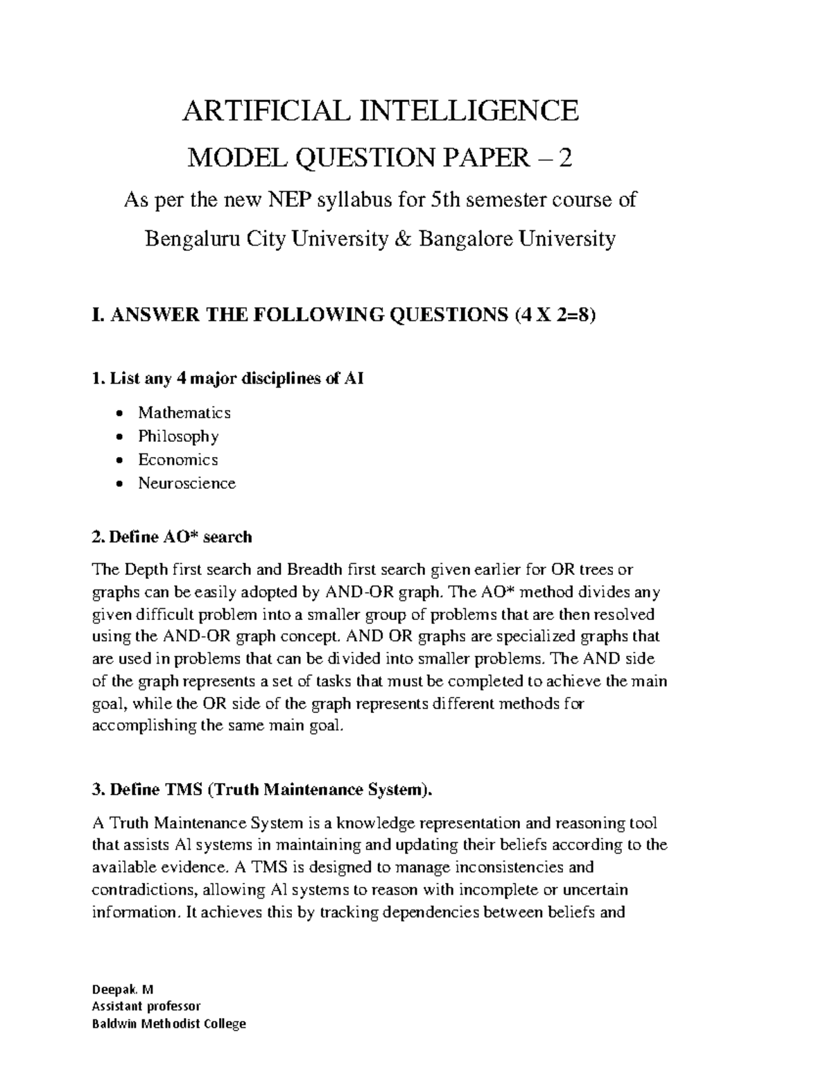 Artificial Intelligence Model Question Paper - 2 for Sem 5 - NEP ...