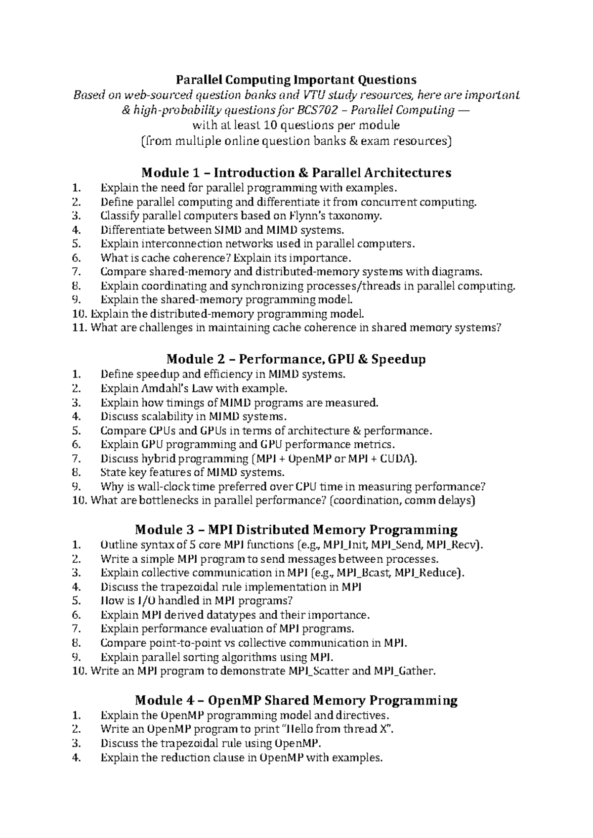 BCS702 Parallel Computing: Key Questions by Module - Studocu