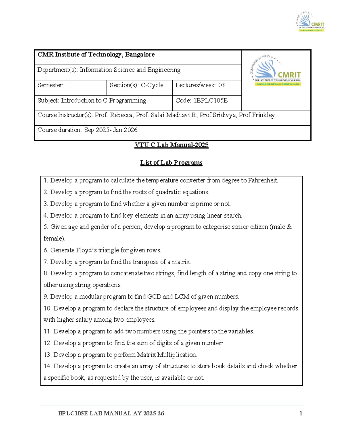 BPLC105E C Programming Lab Manual - VTU 1st Sem - Studocu