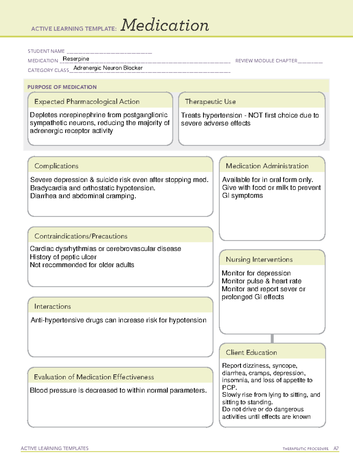 ATI Reserpine Adrenergic Neuron Blocker Med Sheet - ACTIVE LEARNING ...