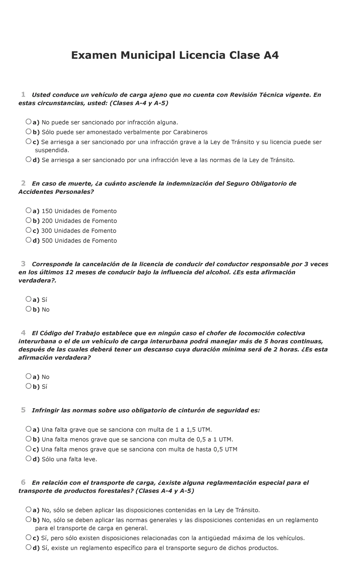 Examen Municipal Licencia Clase A2: Preguntas y Respuestas Clave - Studocu