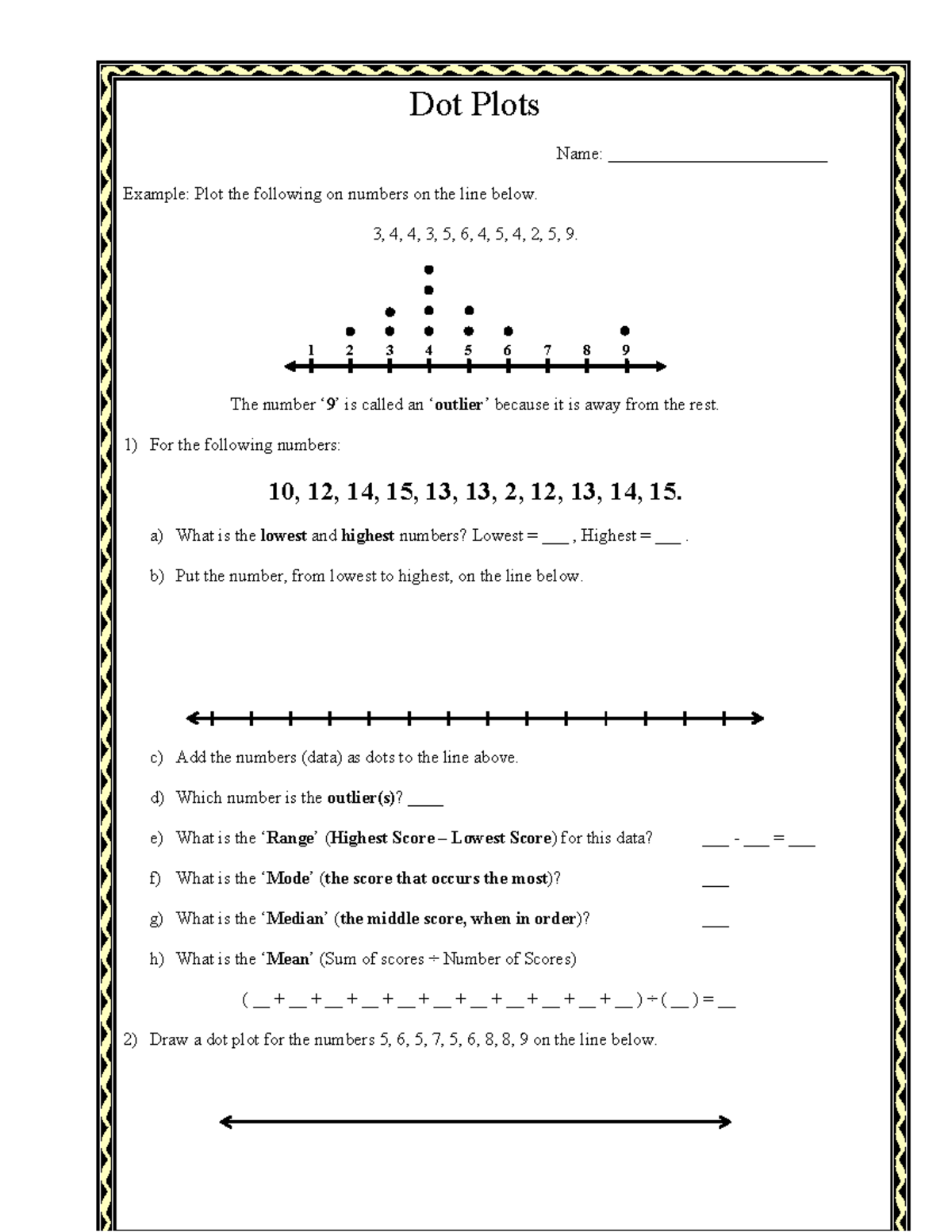 Dot Plots Worksheet: Analyzing Data and Outliers - Studocu