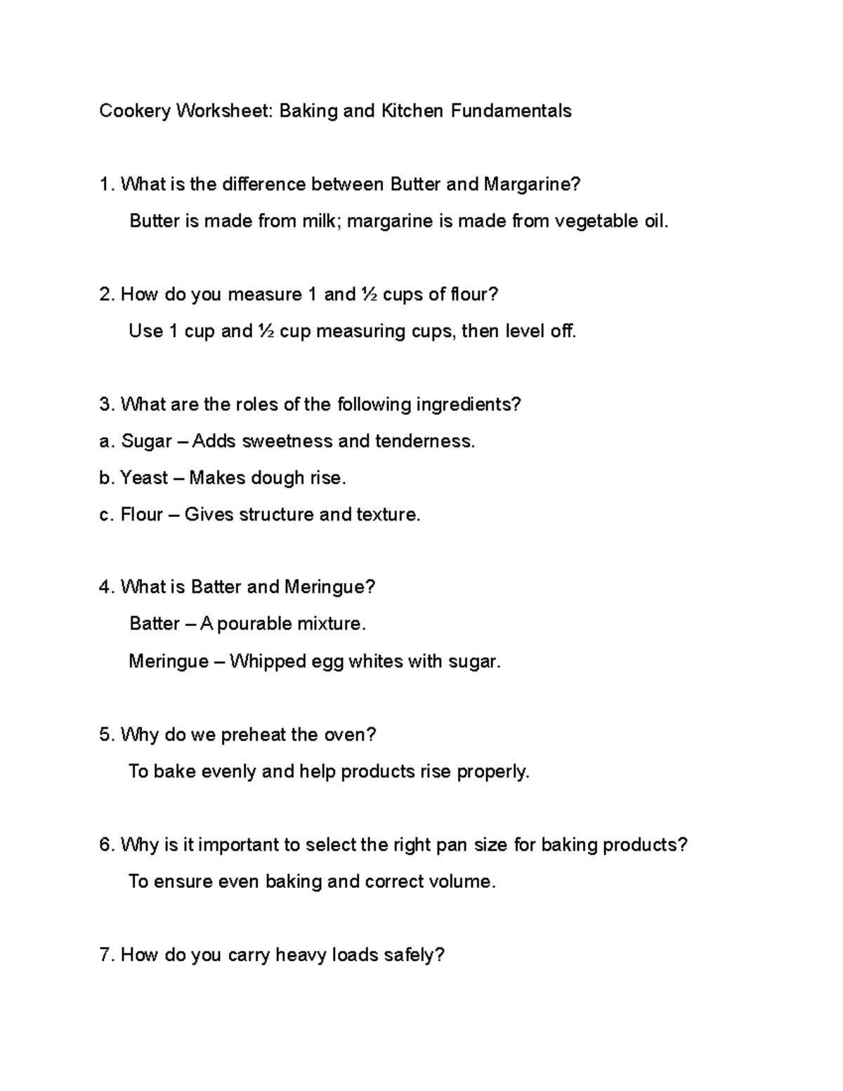 Cookery Worksheet: Baking Fundamentals (TESDA) - Studocu