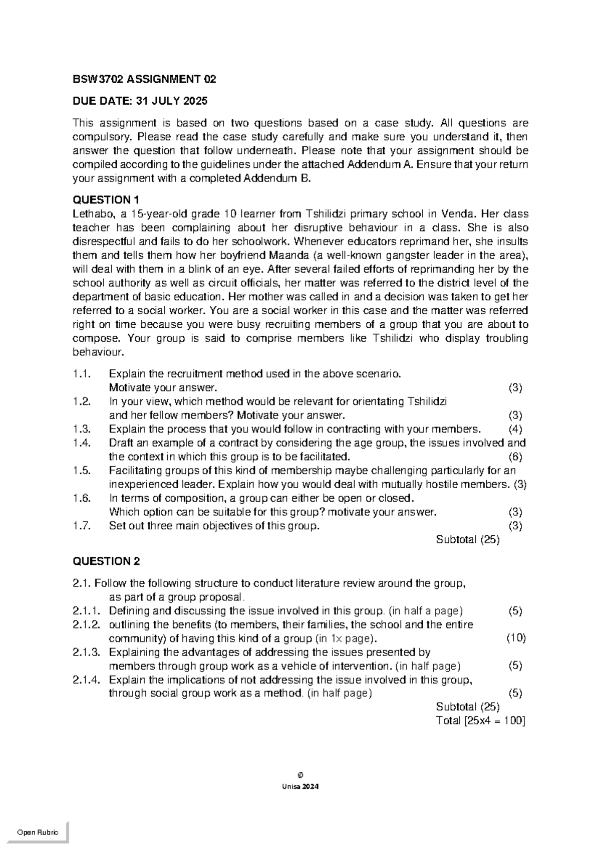 BSW3702 Assignment 02: Case Study Analysis and Group Proposal - Studocu