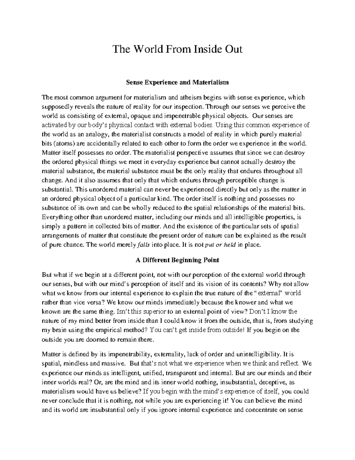 Cognitive Study on Materialism: Understanding Reality from Within - Studocu