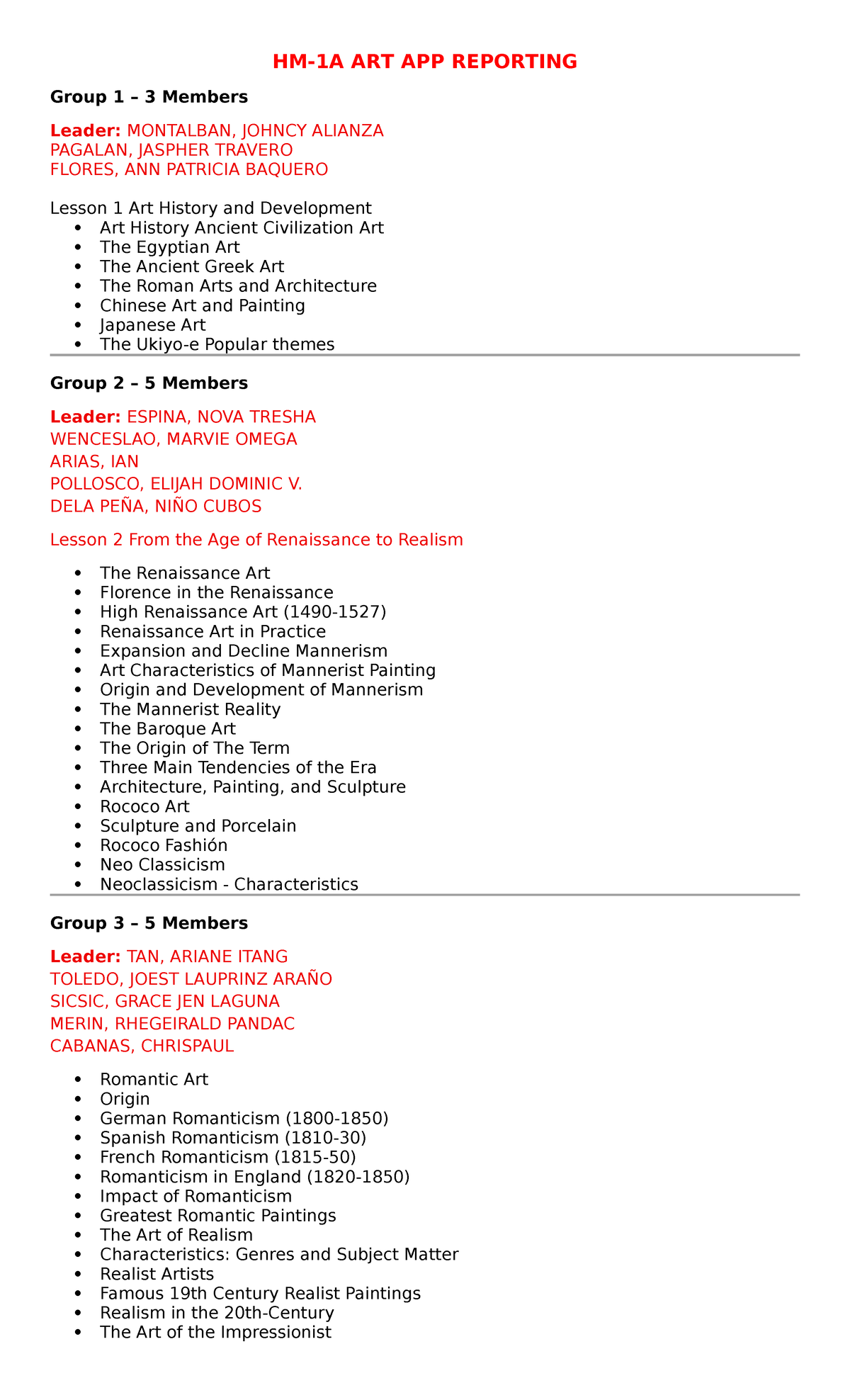 ART APP REPORTING: Lessons on Art History and Development (HM-1A) - Studocu