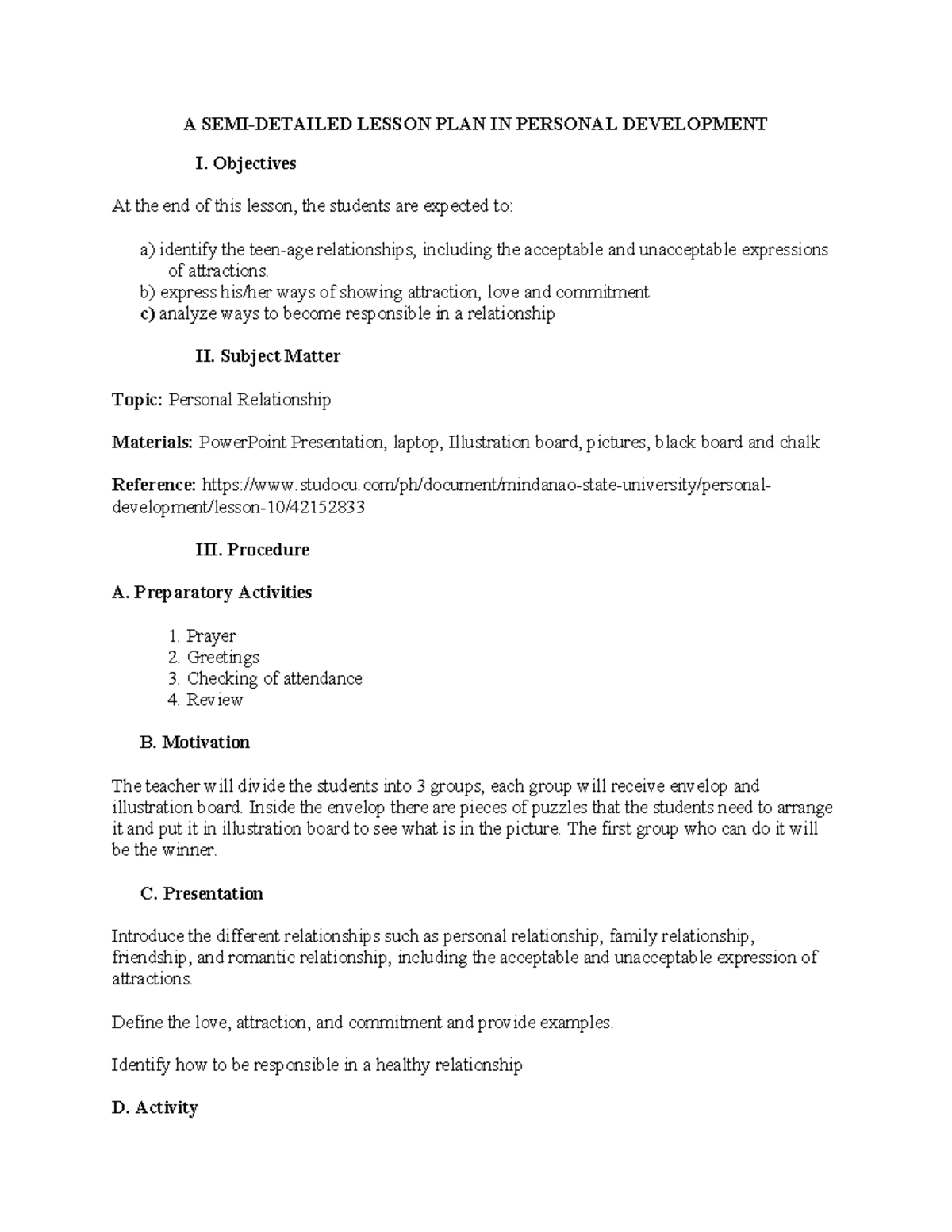 LP for Final Demo - Lesson Plan on Personal Development - Studocu