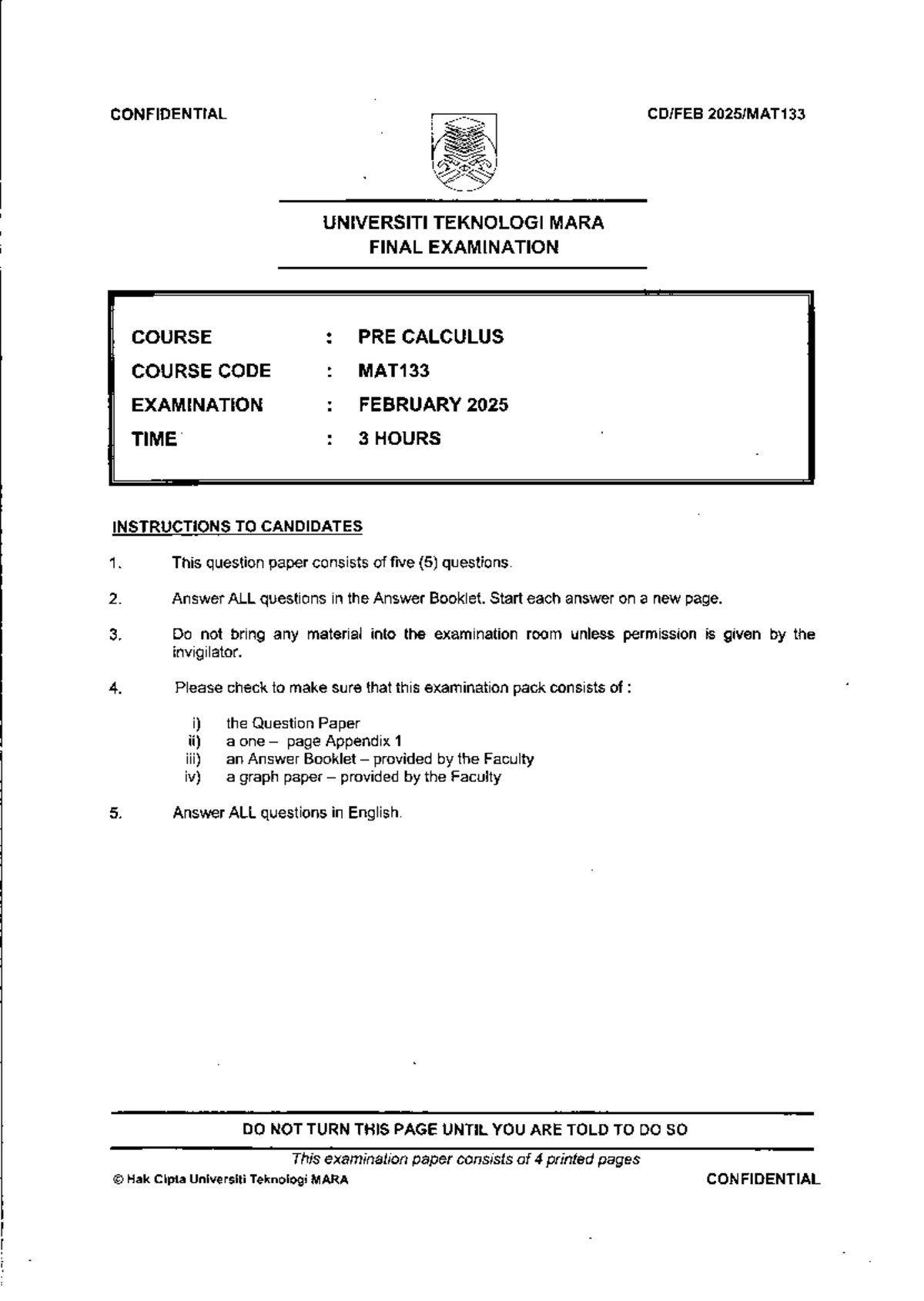 MAT133 Final Exam Paper - Precalculus February 2025 - Studocu