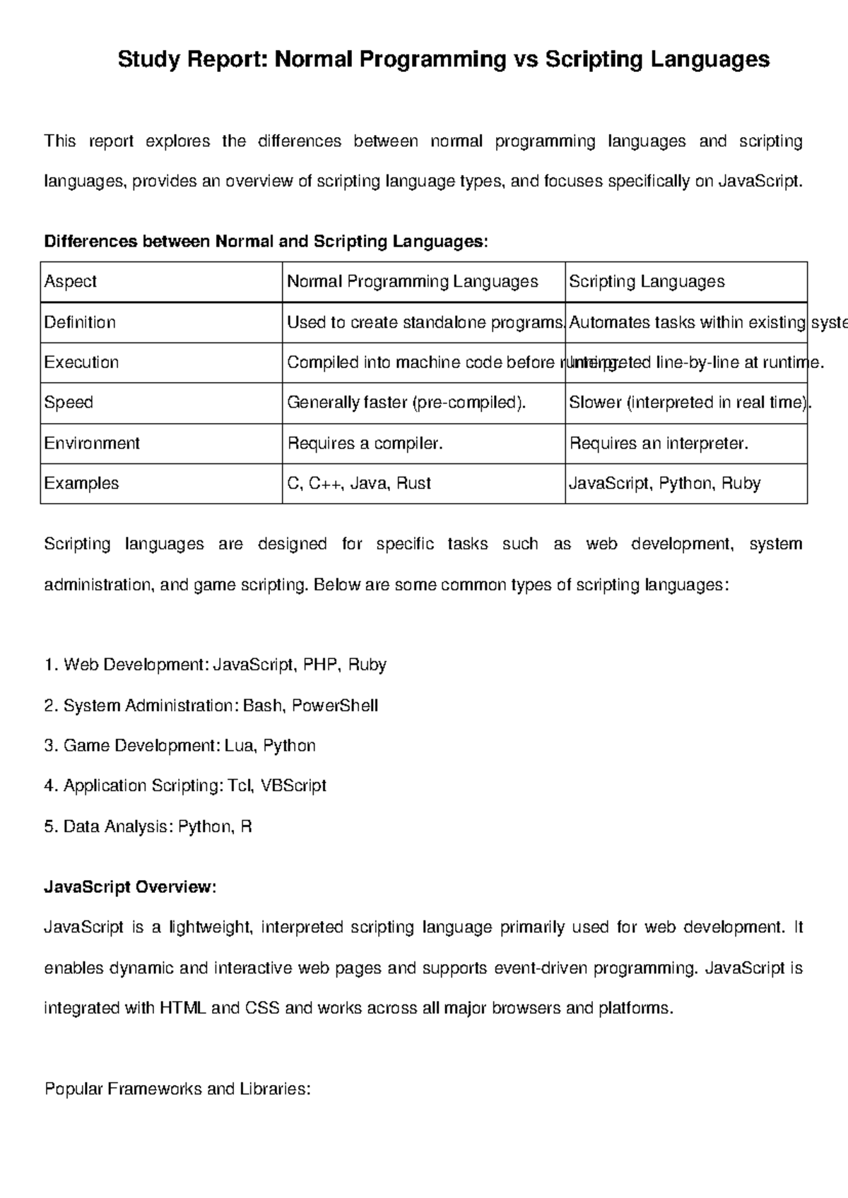 Normal vs Scripting Languages - Study Report: Normal Programming vs Scripting Languages This ...