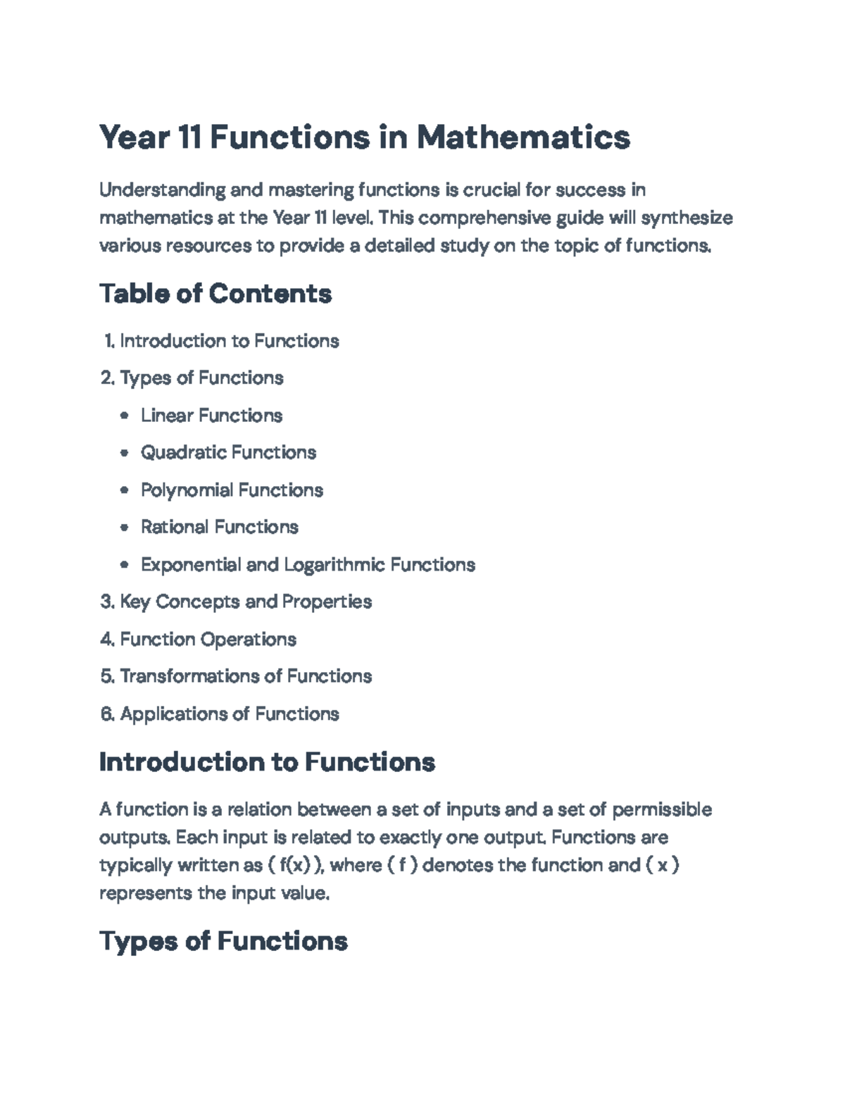 Year 11 Math: Comprehensive Guide to Functions & Applications - Studocu