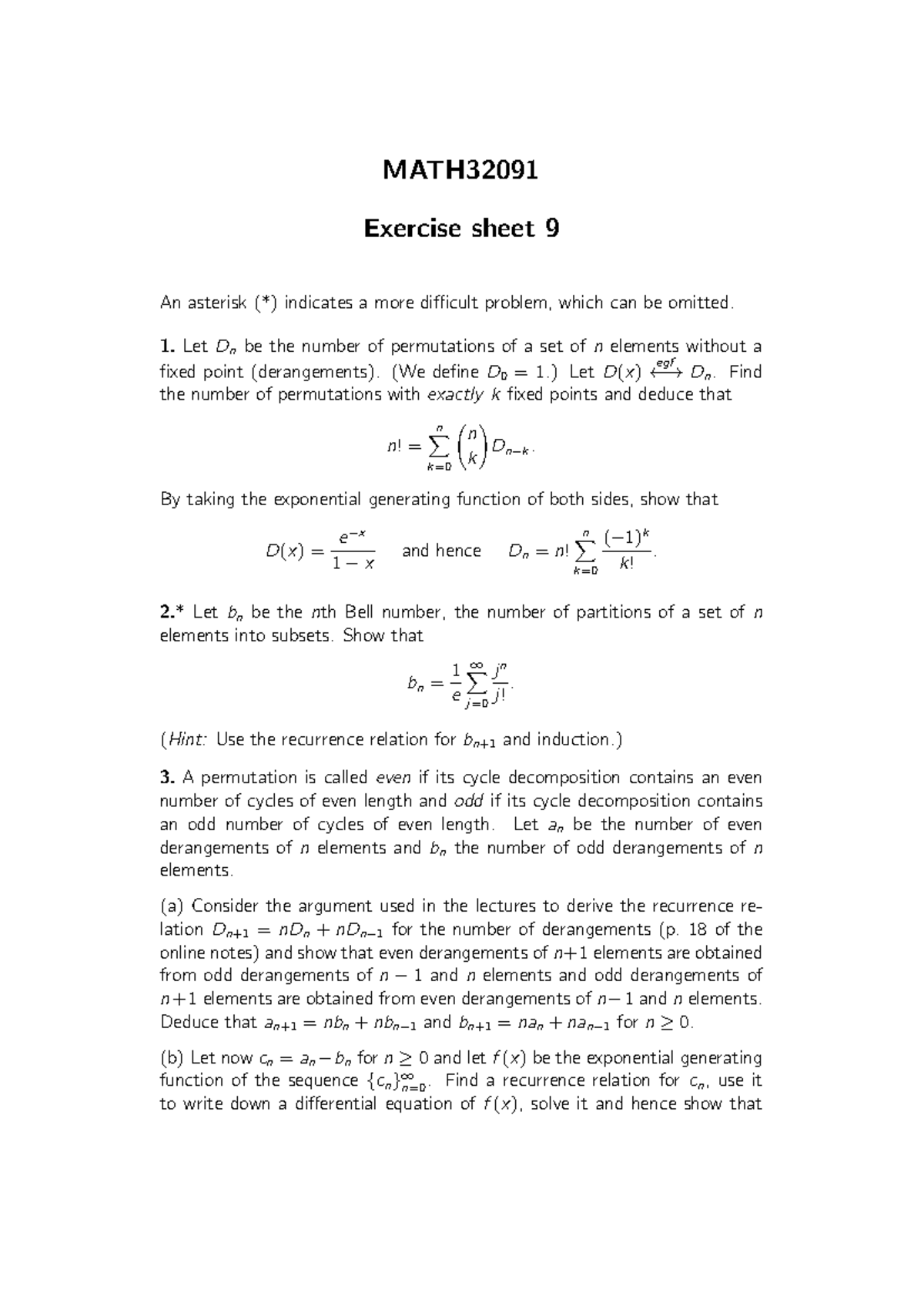 MATH32091 Final Exam Exercise Sheet 9: Derangements and Bell Numbers ...