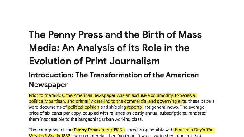 Penny Press: The Birth of Mass Media and Its Impact on Journalism - Studocu