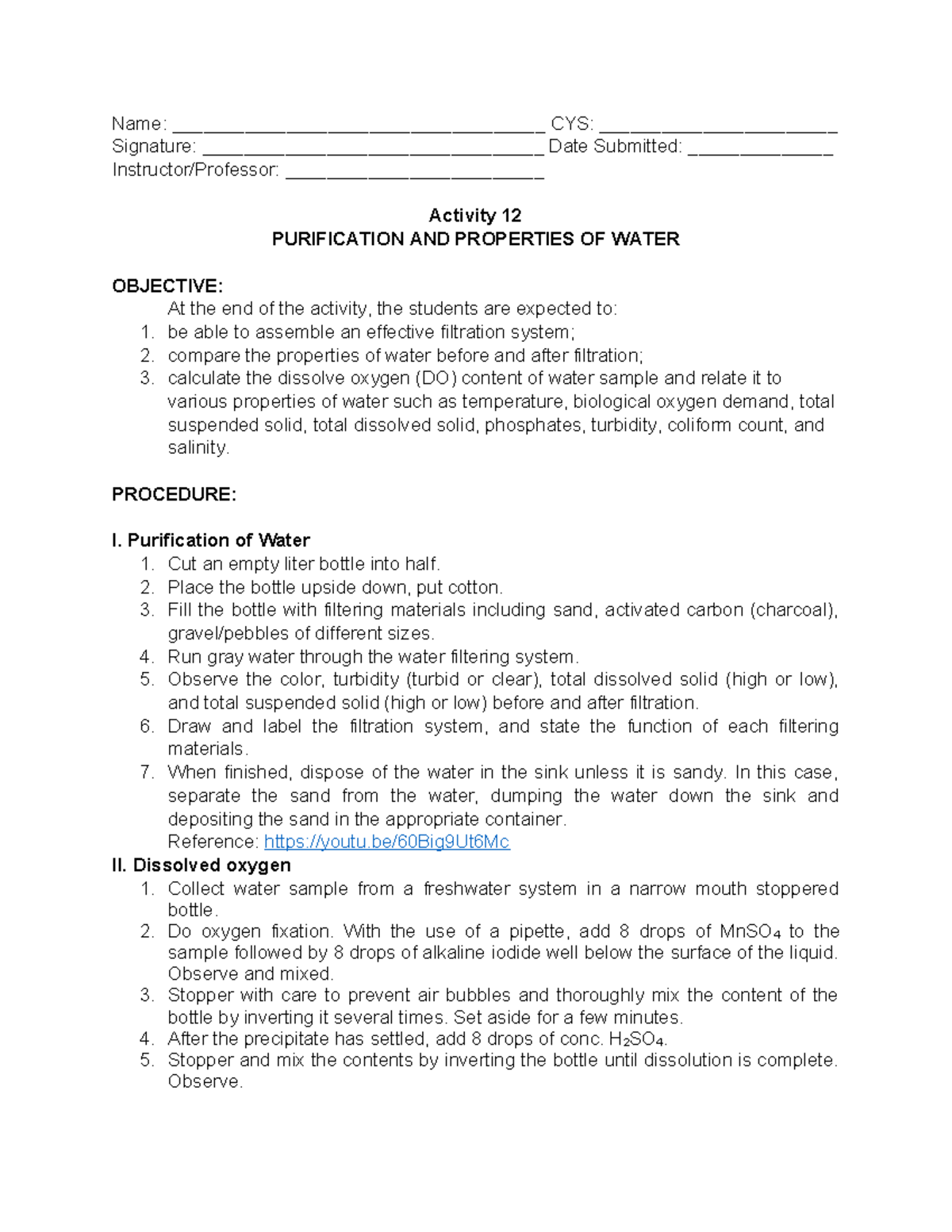 Activity 12: Purification & Properties of Water - CYS Lab Report - Studocu