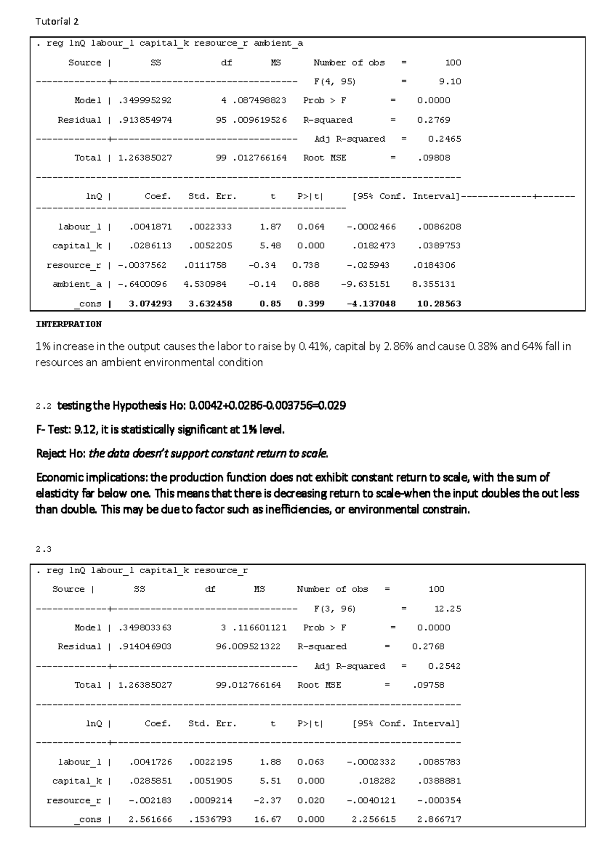 EE Tutorial 2: Regression Analysis of Labor and Capital Inputs - Studocu