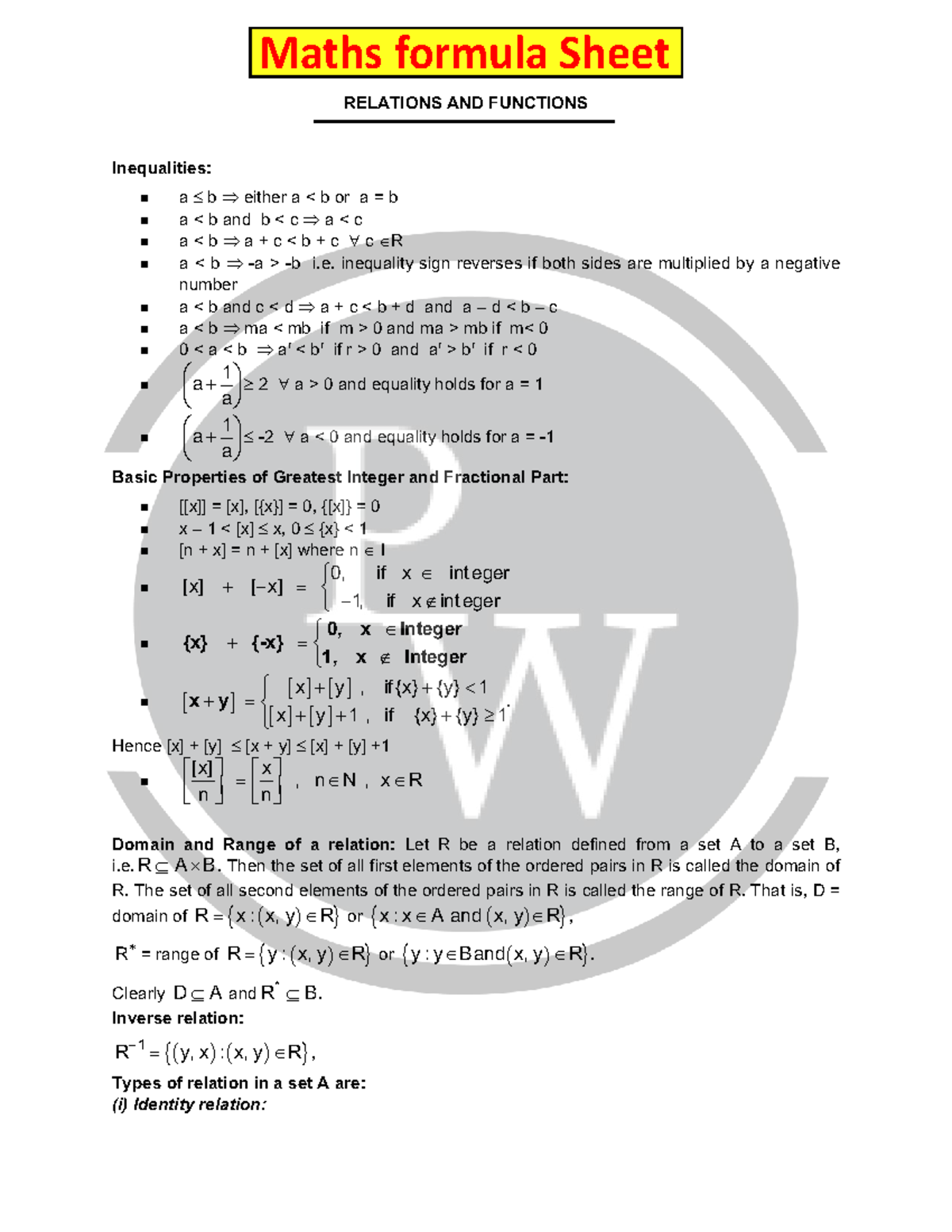 Maths Formula Sheet: Relations, Functions & Trigonometric Concepts ...
