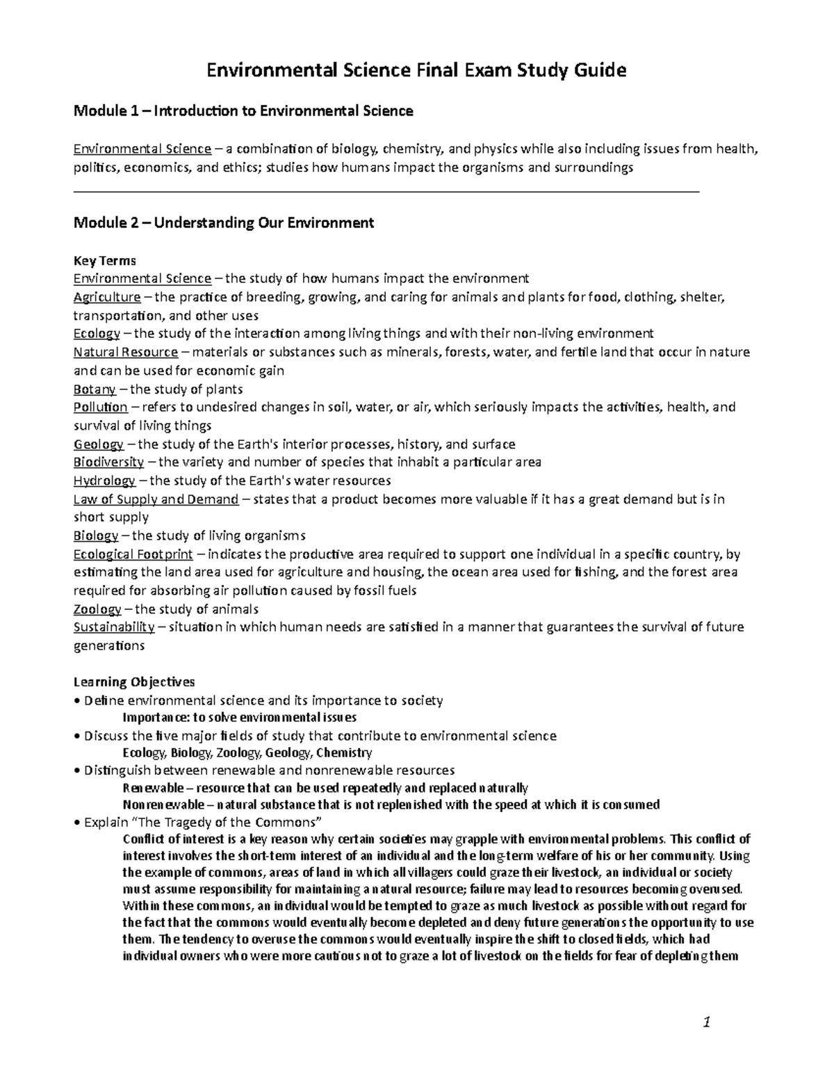 Environmental Science Final Exam Study Guide - Summary of Entire Course ...