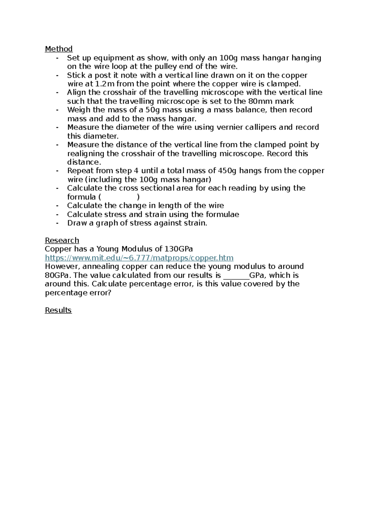 Experiment Method for Measuring Young's Modulus of Copper Wire - Studocu