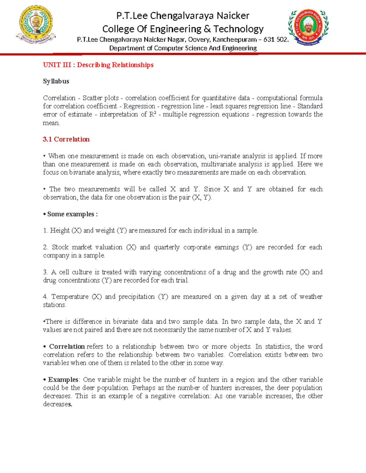UNIT III Notes: Correlation and Regression Analysis in Data Science ...