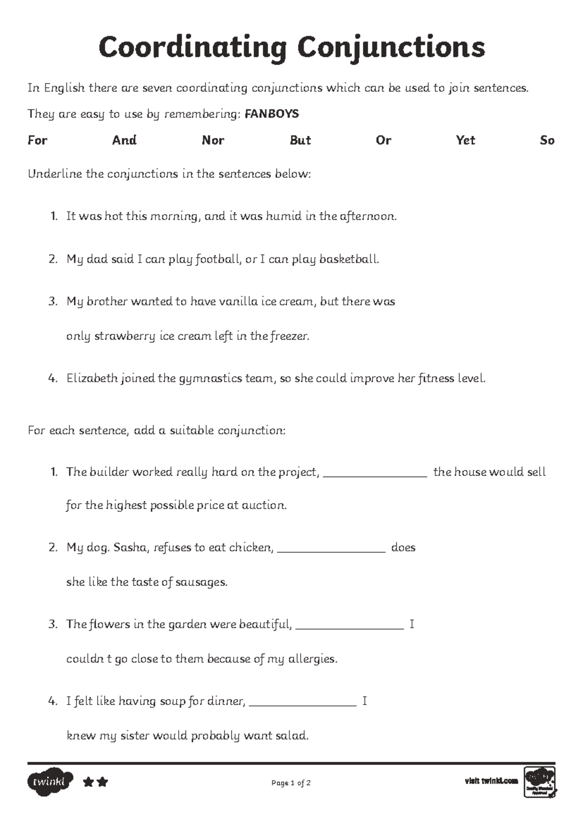 Coordinating Conjunctions: FANBOYS Activity Sheets - Studocu