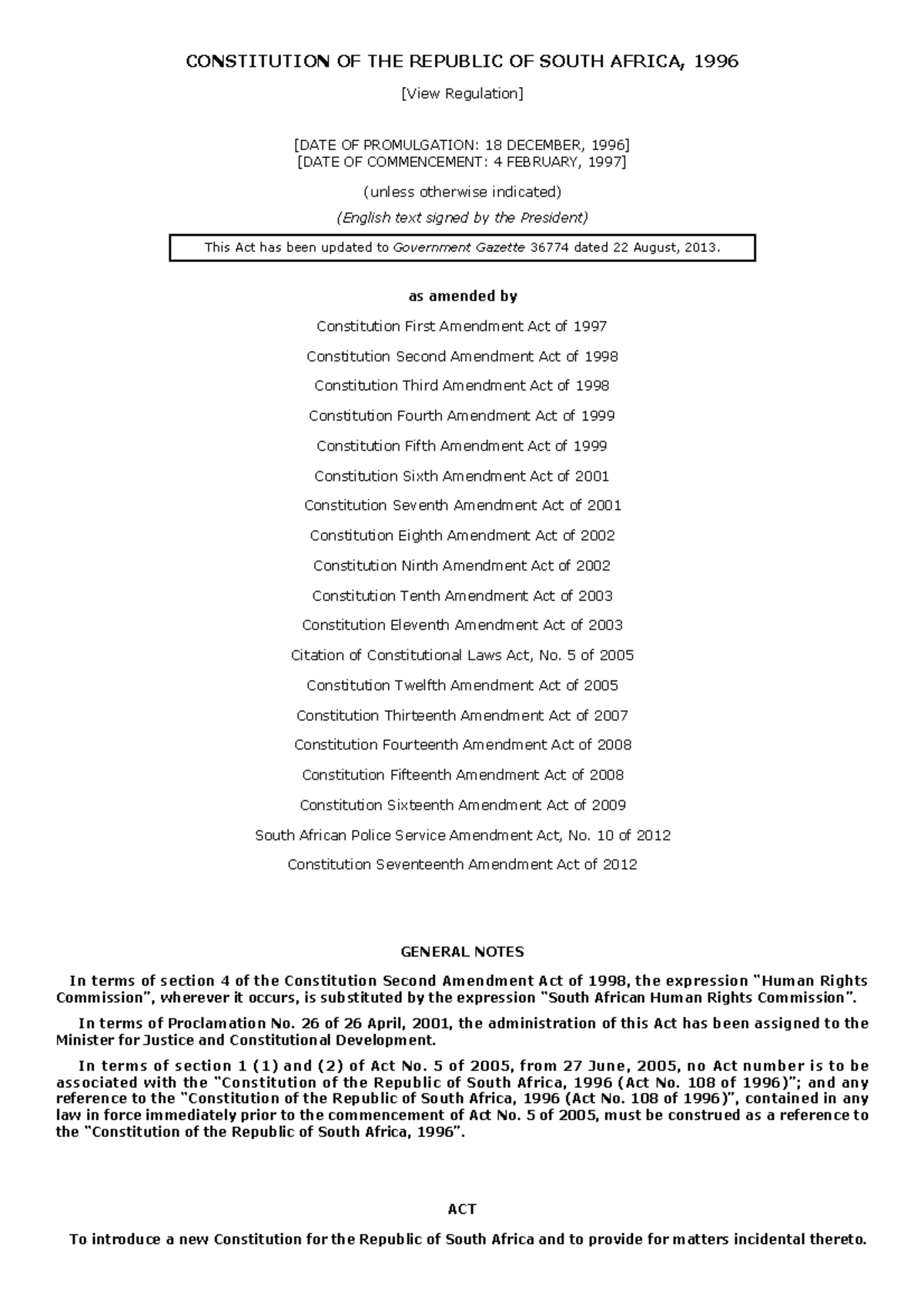 Constitution of the Republic of South Africa 1996: Full Text ...