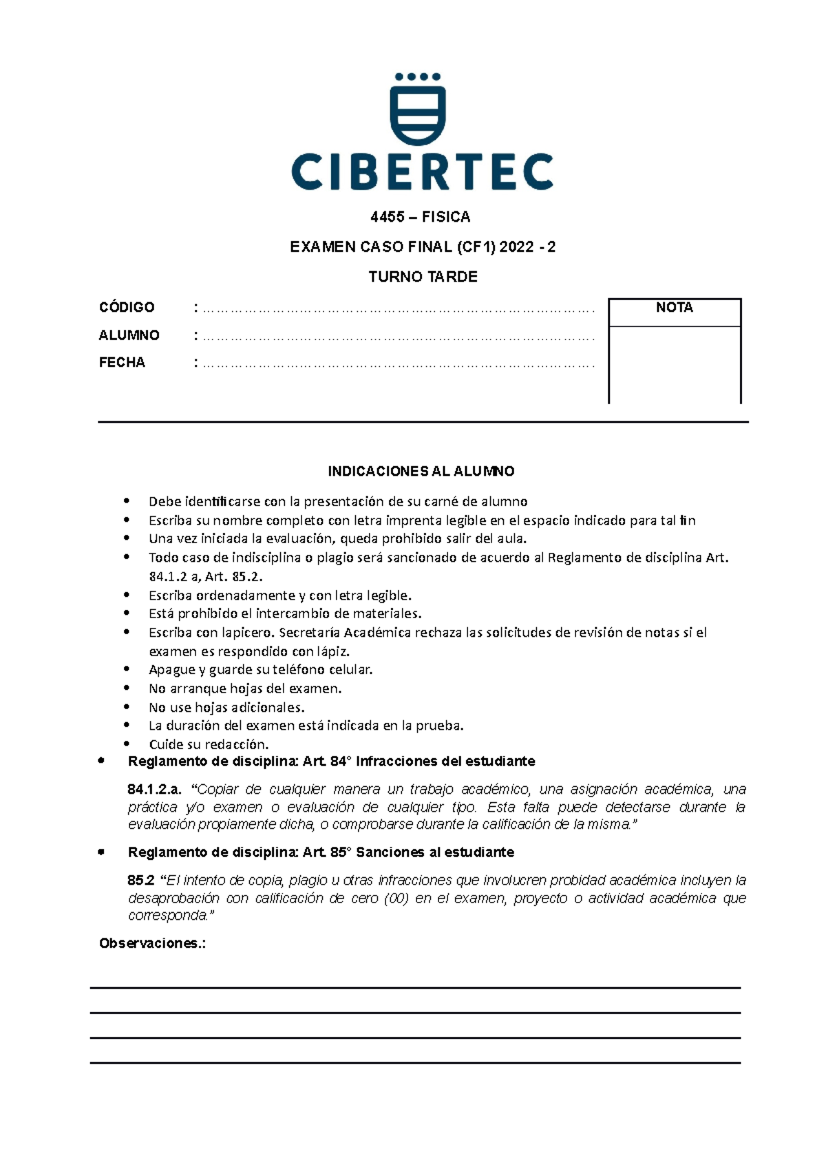 4445 SP Fisica (T) I1IL 00 CF 1 Saico Oscco Mario Rolando - 4455 – FISICA EXAMEN CASO FINAL (CF1 ...